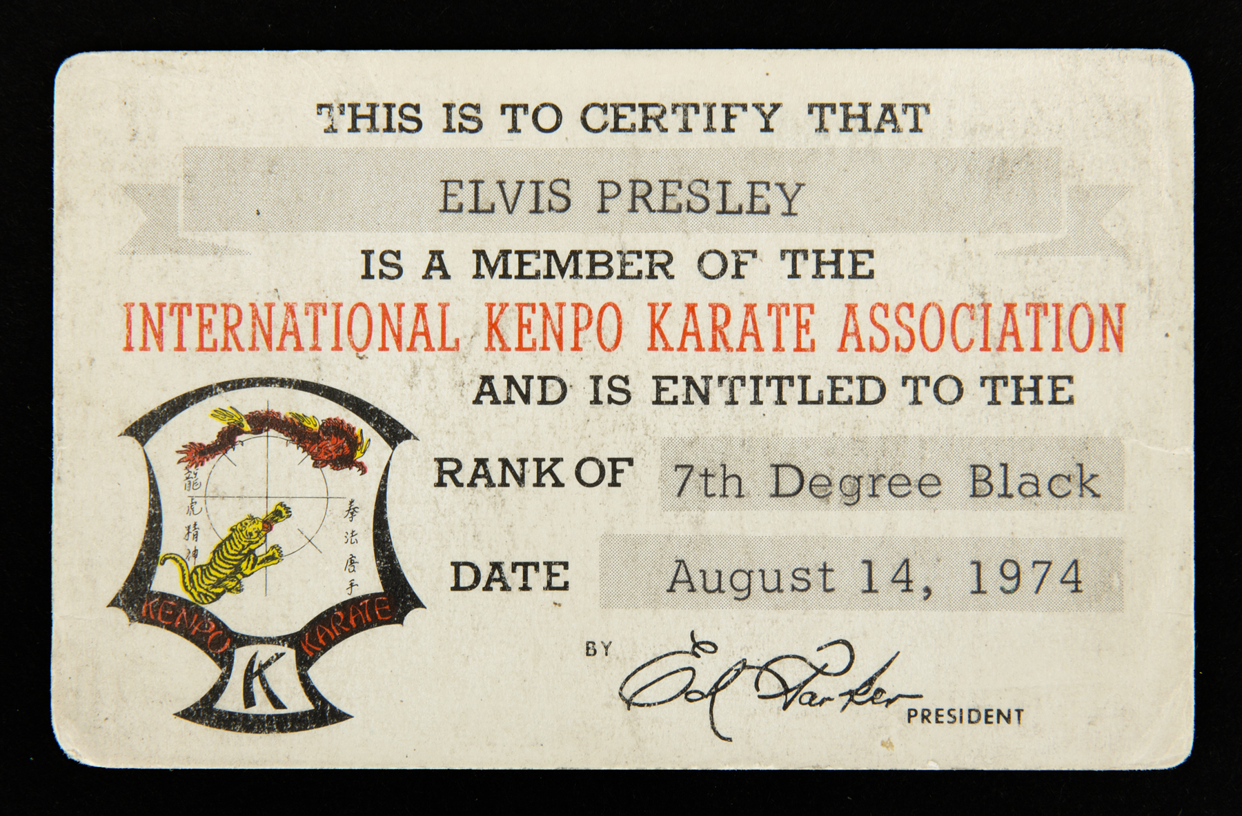 An Elvis Presley Kenpo Karate card certifying Elvis Presley as a 7th ...