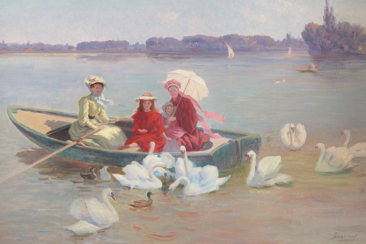 JULES SCALBERT (FRENCH, 1851-1928) Feeding the swans Oil on canvas 66 x ...