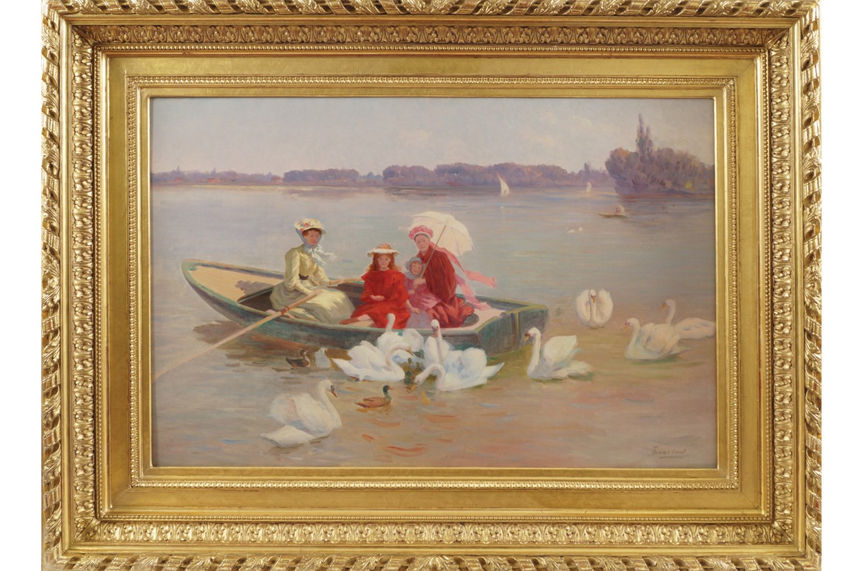JULES SCALBERT (FRENCH, 1851-1928) Feeding the swans Oil on canvas 66 x ...