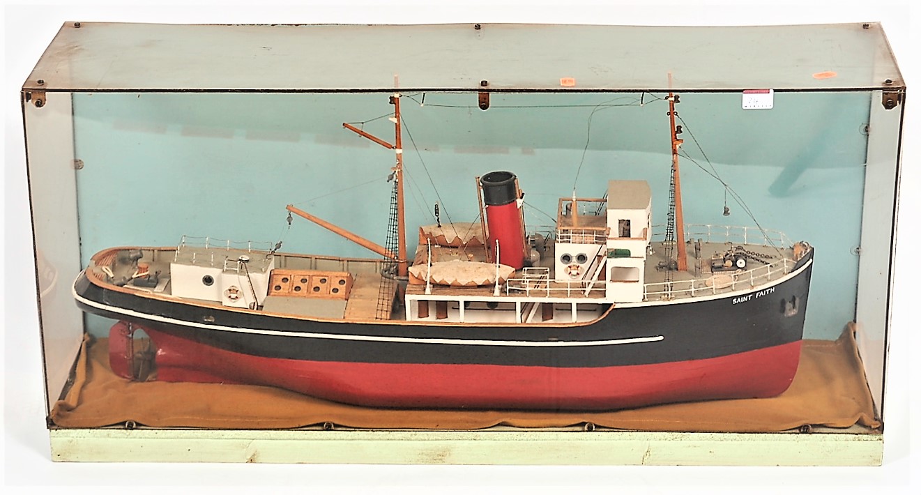 Cased ship model, scratch built from wood, small steam coaster 'Saint ...