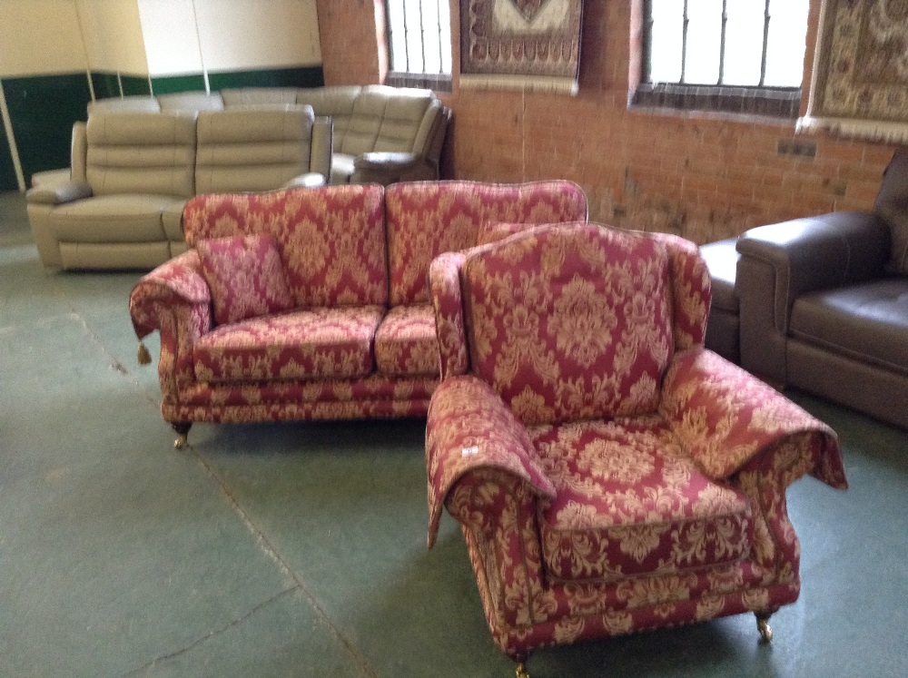 RED AND GOLD FLORAL PATTERNED 2 SEATER SOFA AND CHAIR