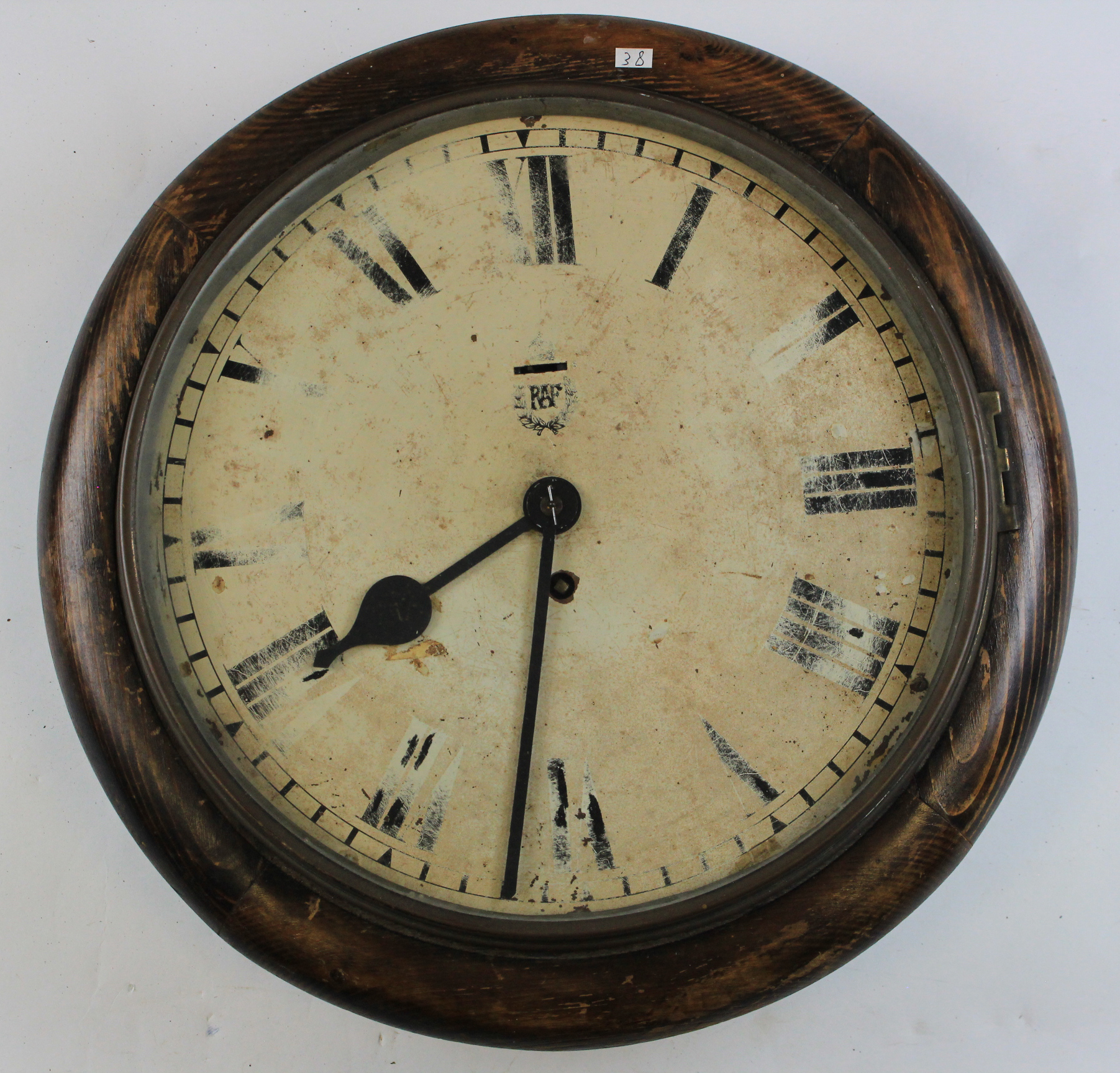 RAF WW2 scarce wall clock in wooden case with RAF logo to the centre