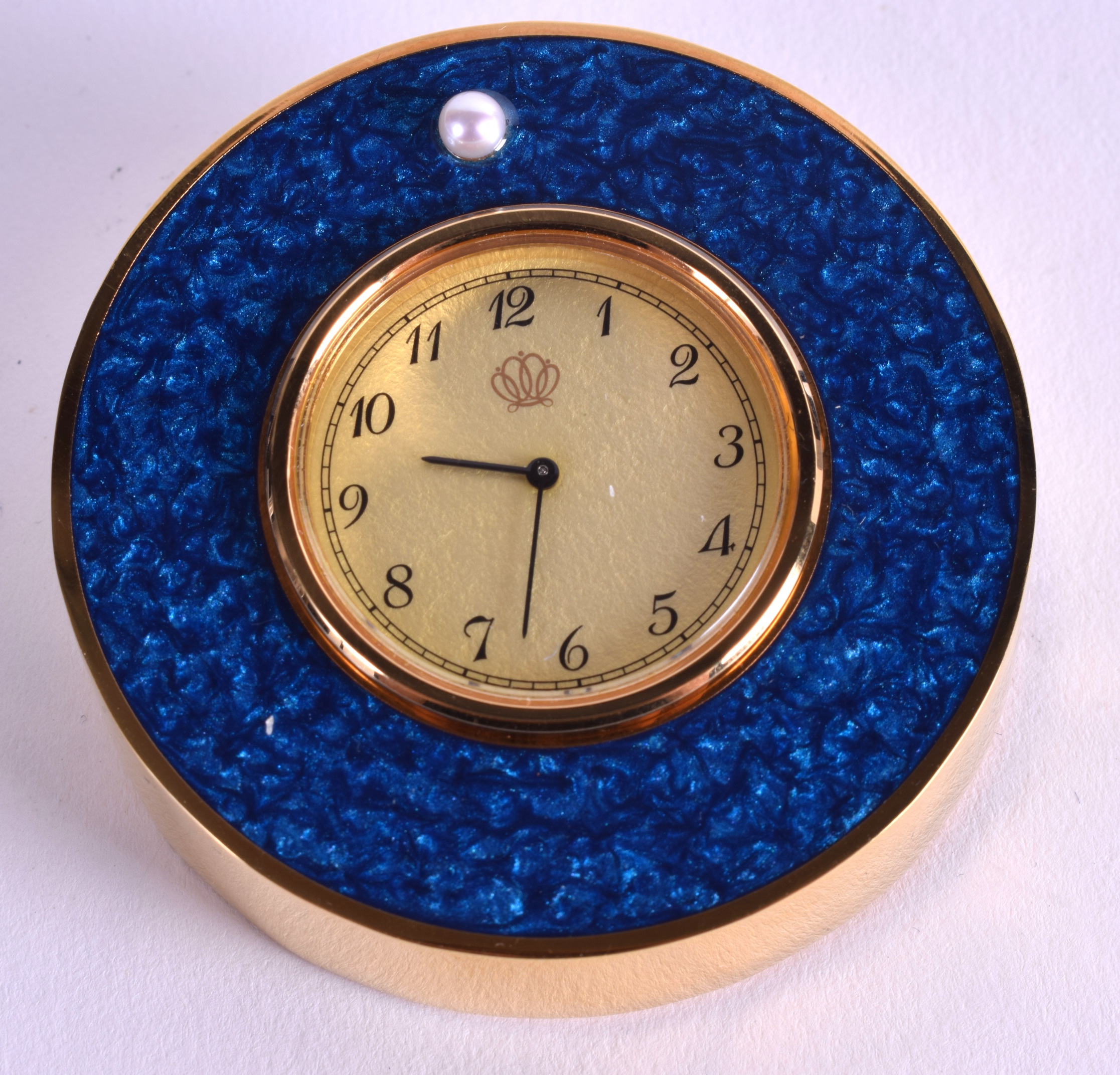 A JAPANESE MIKIMOTO PEARL CLOCK presented by Minister Harada. 5.5 cm wide.