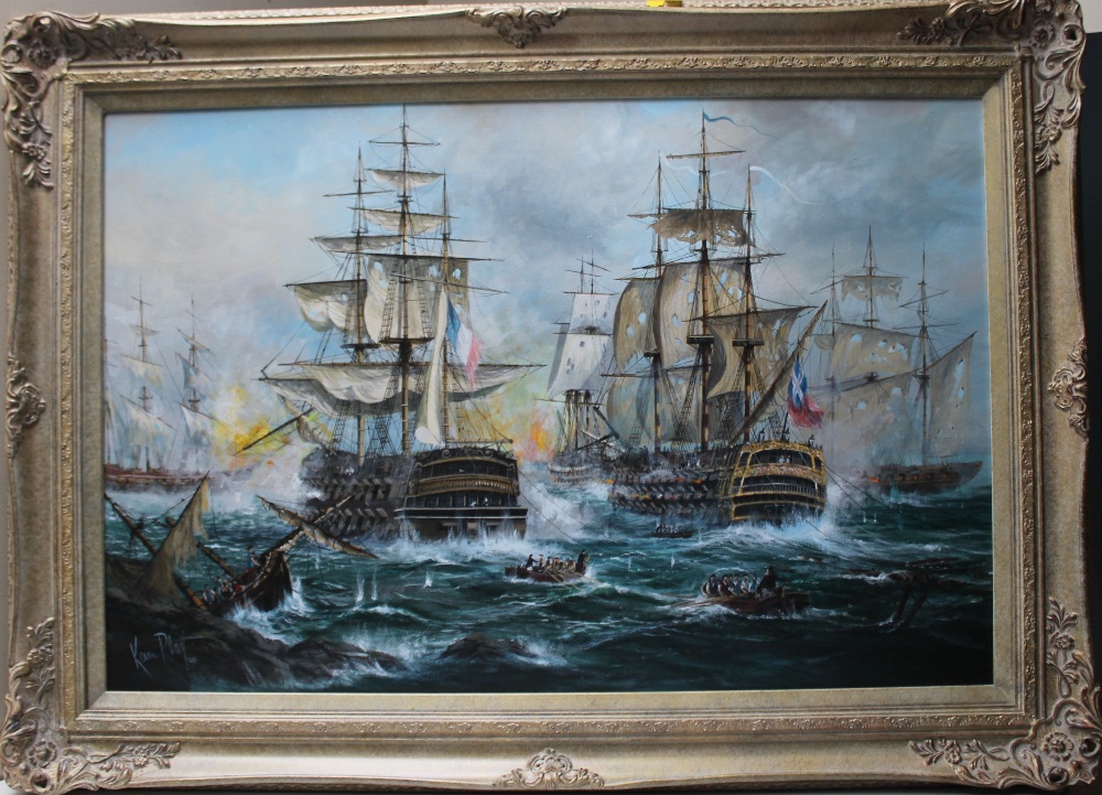 KEVIN PLATT (1945). Seascape Battle scene with ships, signed lower left ...