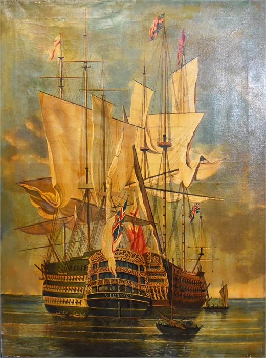 A very large painting of two grand British galleons with smaller boats ...