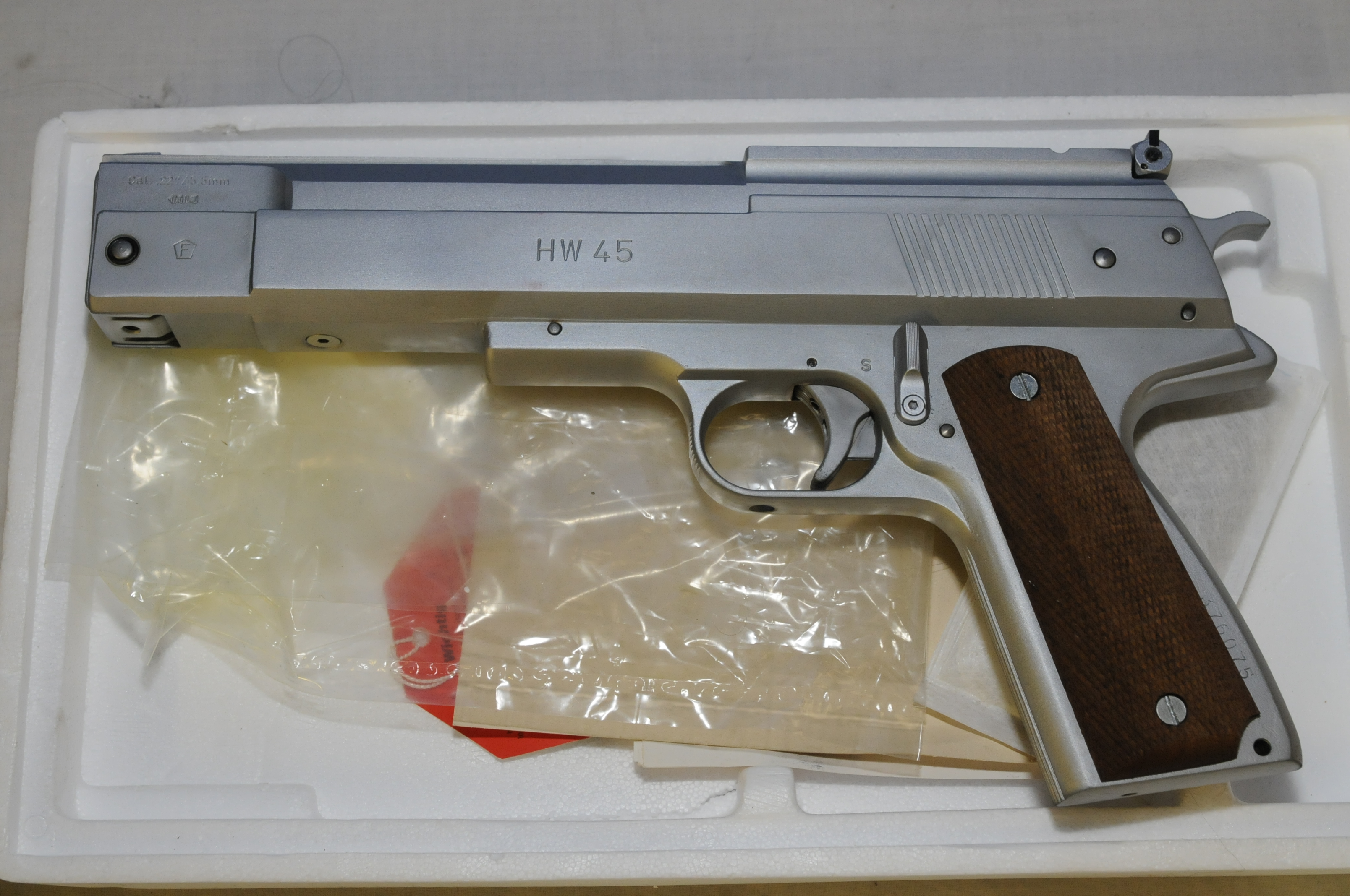 HWM Weihrauch Sport HW45 cal .22 air pistol in silver finish