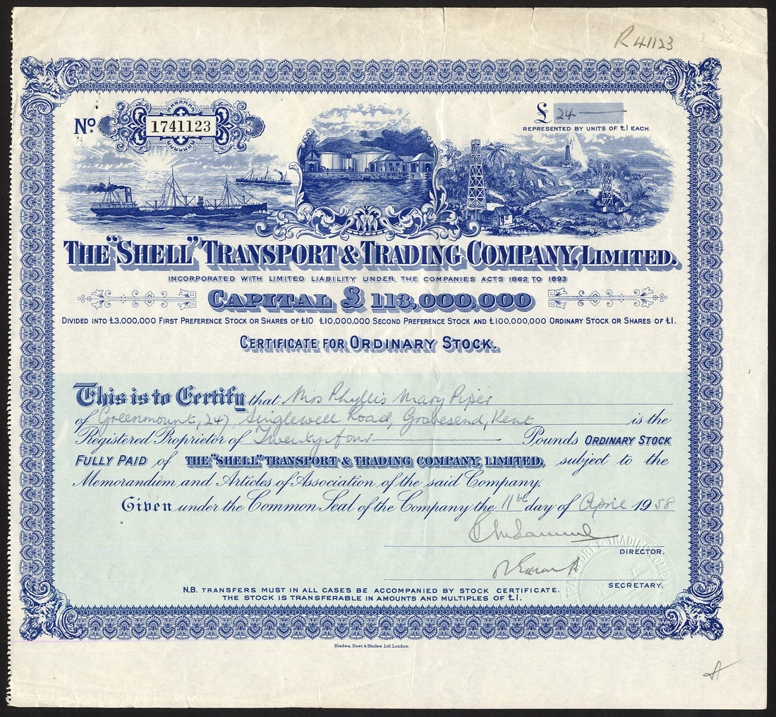 "Shell" Transport & Trading Co. Ltd., bearer certificate for 5 ordinary ...