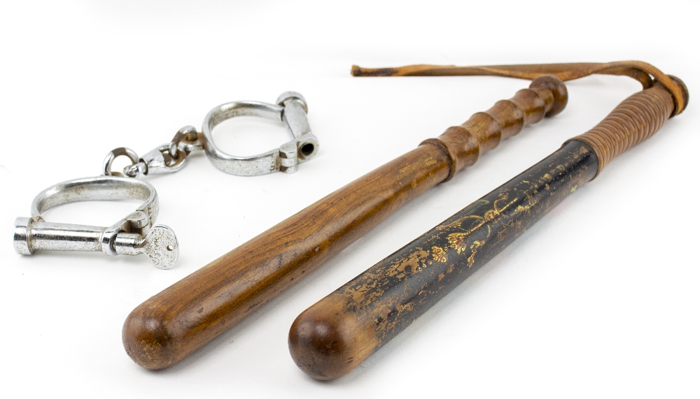 A 19TH CENTURY PAINTED WOODEN TRUNCHEON 38cm in length, a further ...