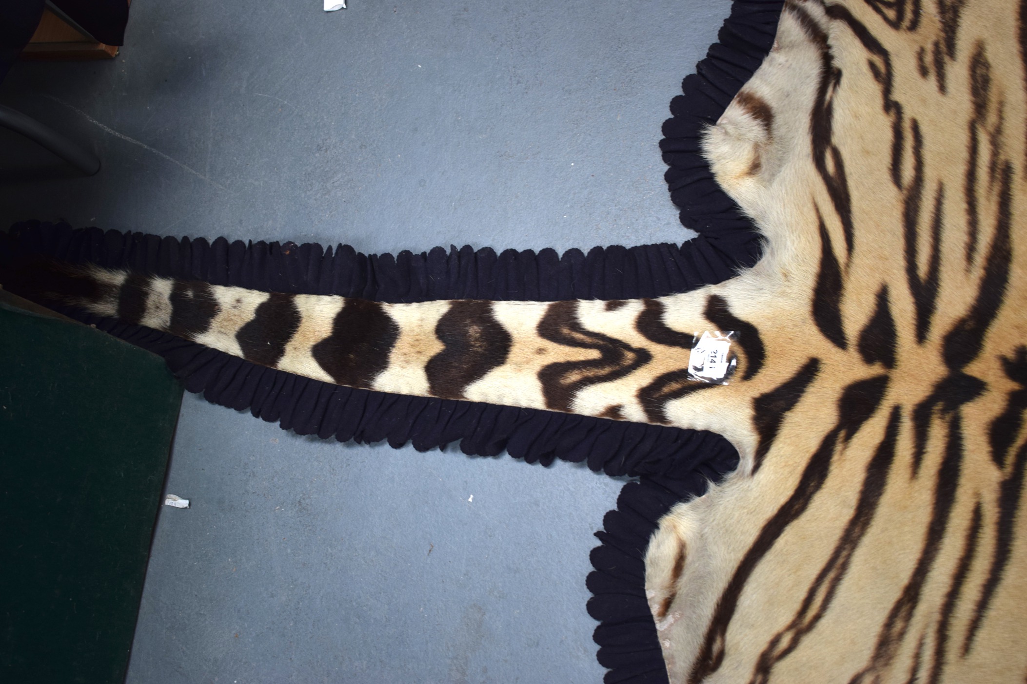 AN EARLY 20TH CENTURY TAXIDERMY TIGER SKIN RUG. 210 cm wide. 190cm Head ...