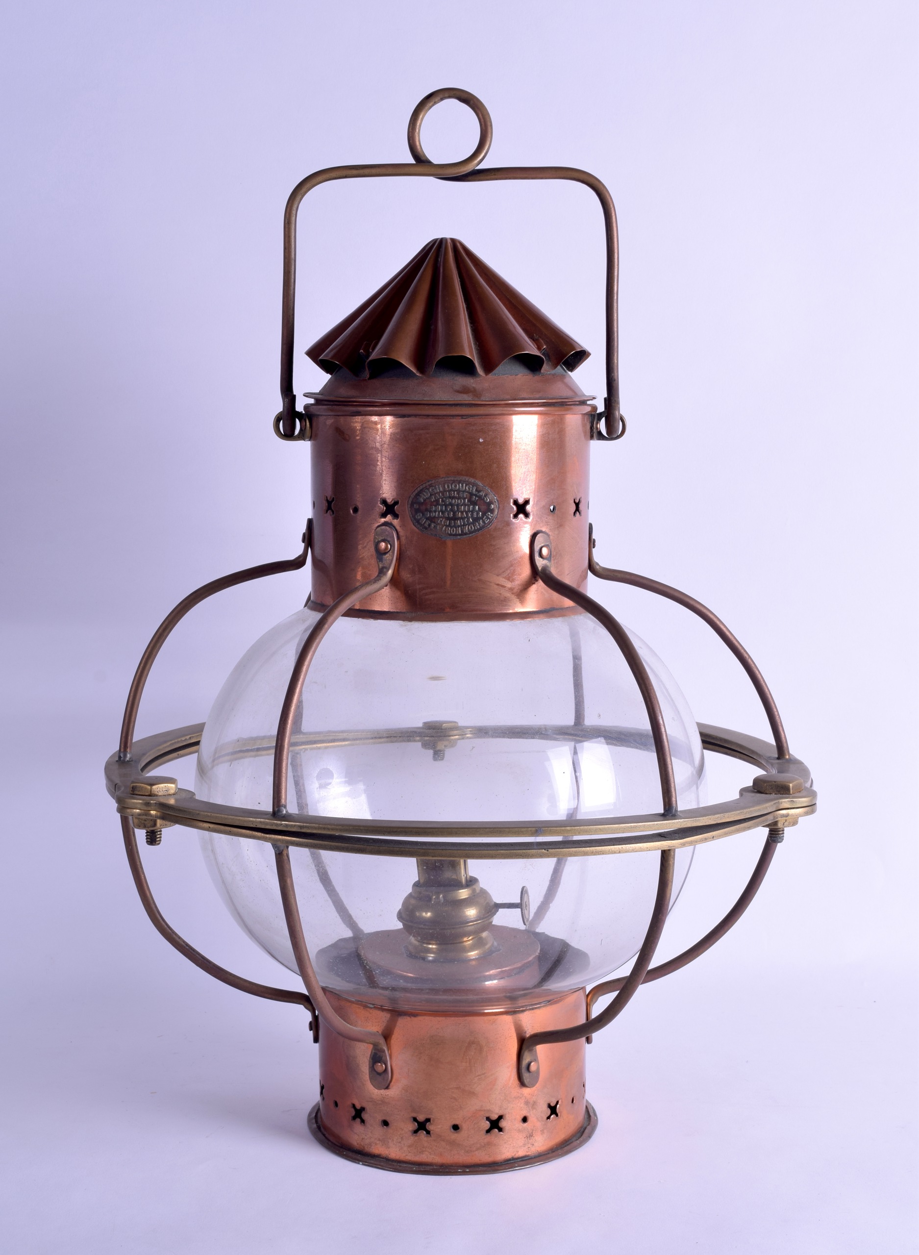 A STYLISH ANTIQUE COPPER AND BRASS SHIPS CABIN LAMP by Hugh Douglas. 44 ...