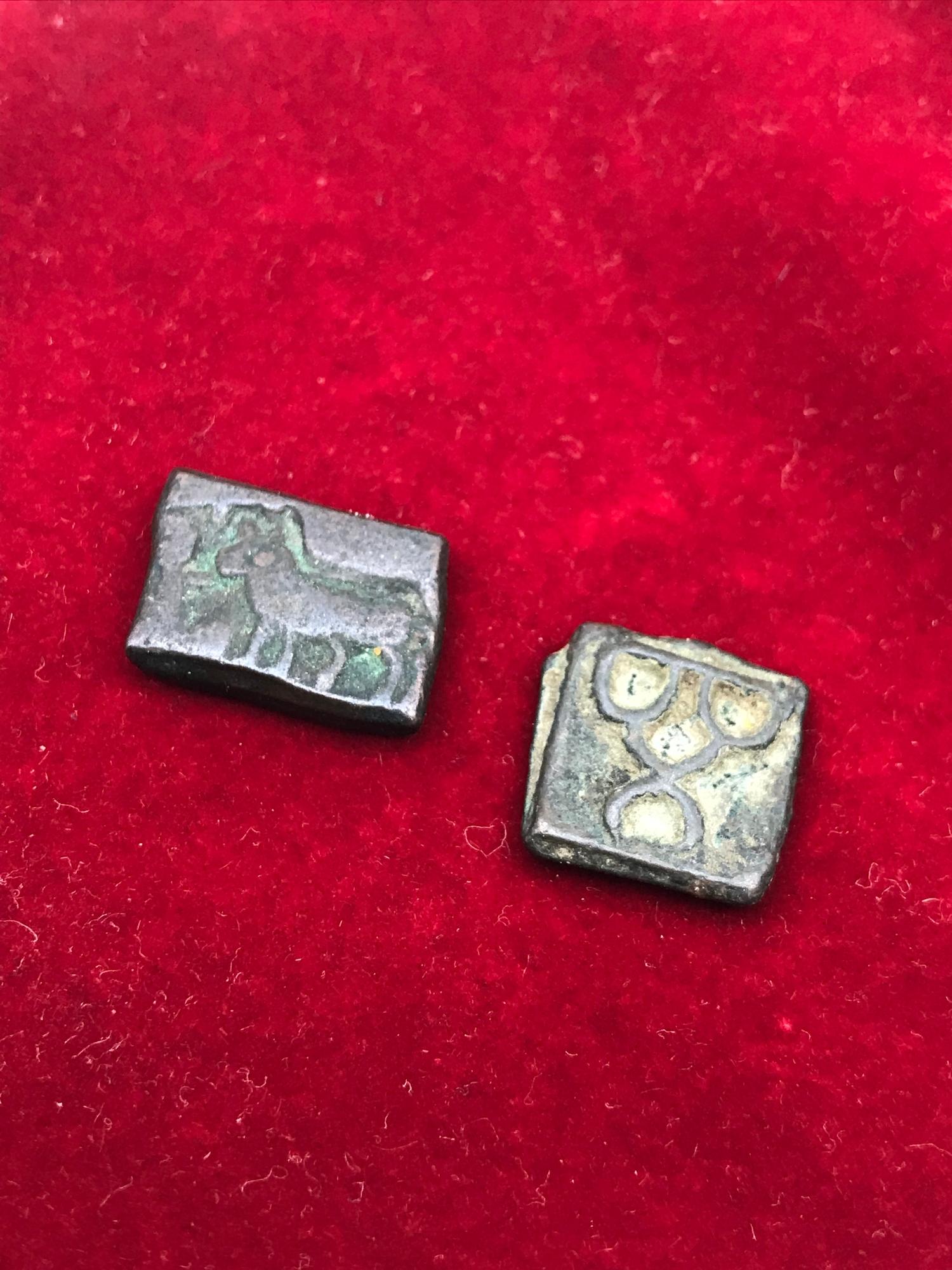 2 Ancient Bronze square/rectangular coins/ Tokens.