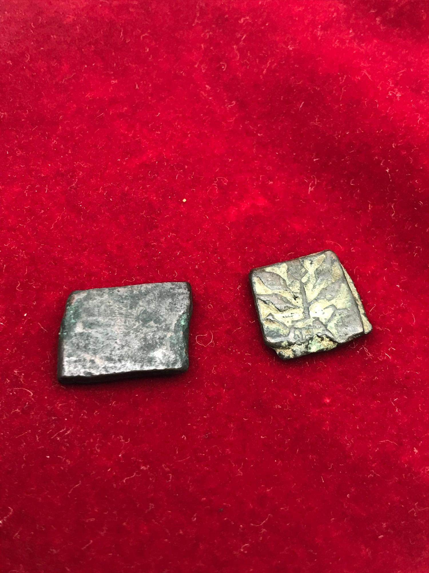 2 Ancient Bronze square/rectangular coins/ Tokens.