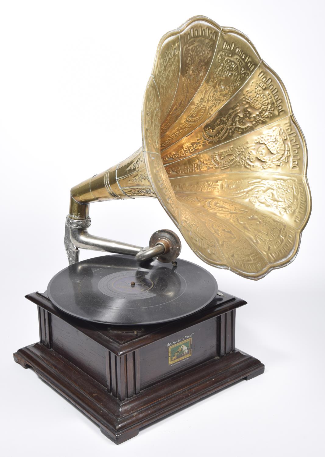An early 20th Century oak cased table top HMV gramophone Complete with ...