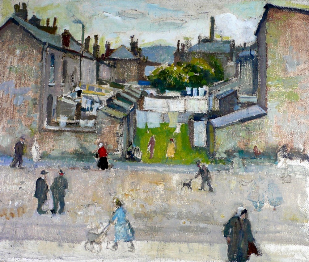 HARRY RUTHERFORD (1903-1985) OIL PAINTING ON CANVAS Back to back houses ...