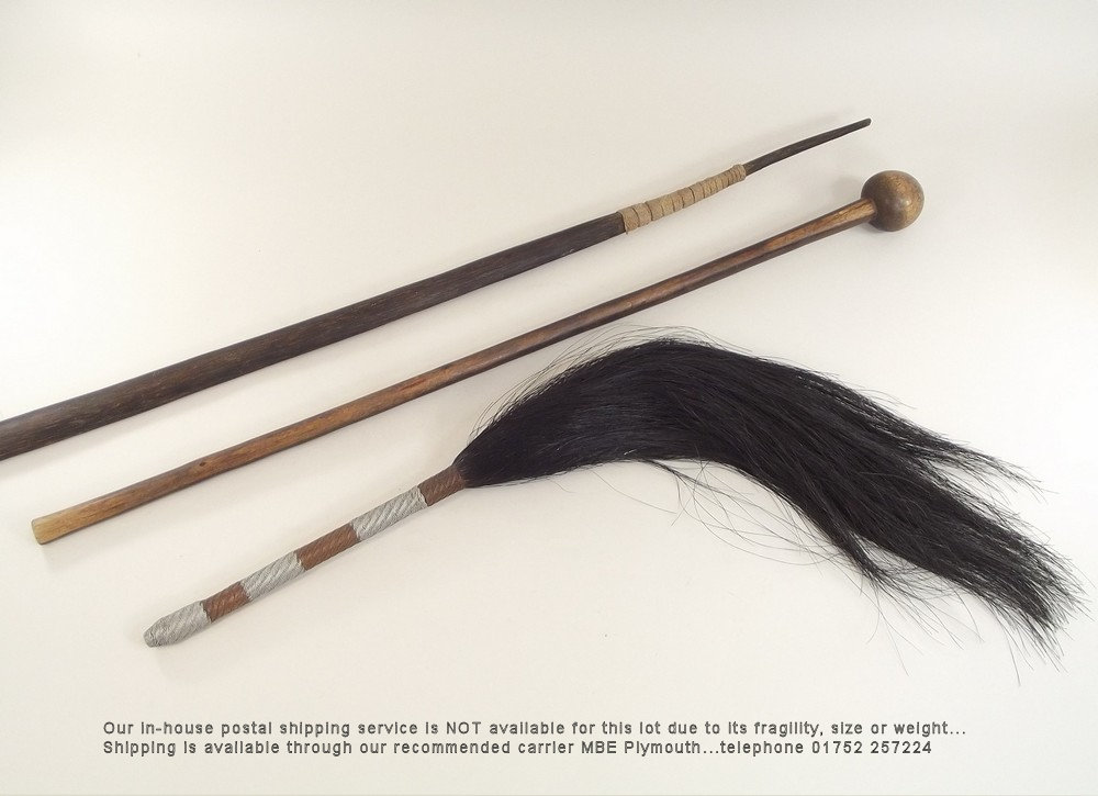 KNOBKERRIE ETC. A Zulu or Shona knobkerrie, 79.5cm. Also a Shona fly ...