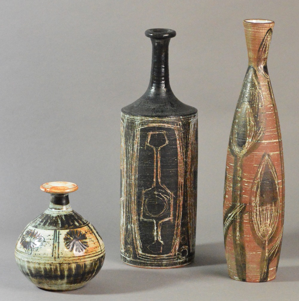 Briglin Pottery; three earthenware vases, painted and incised ...