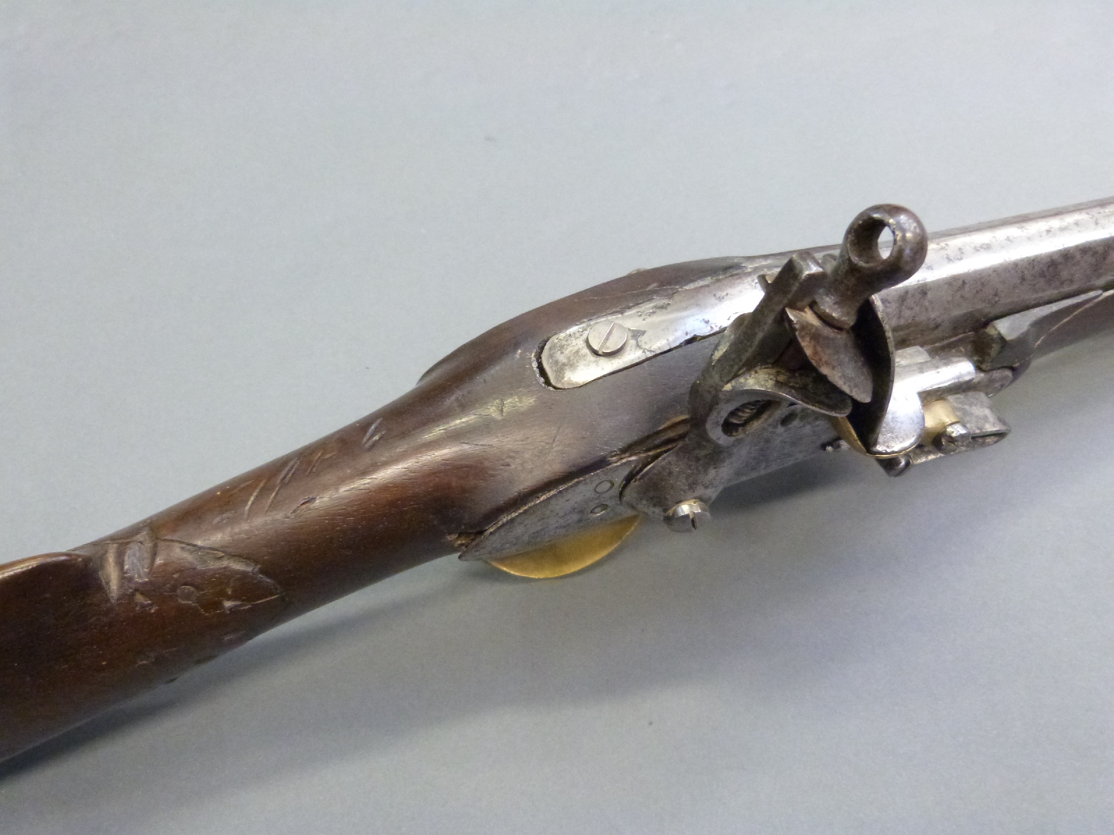 Flintlock hammer action blunderbuss with brass trigger guard and flash ...