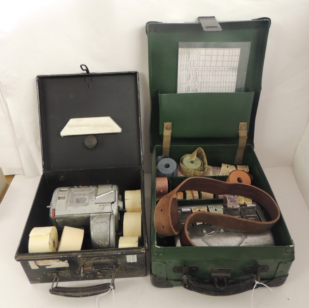 An Almex bus ticket machine with rolls of plain paper in metal box ...