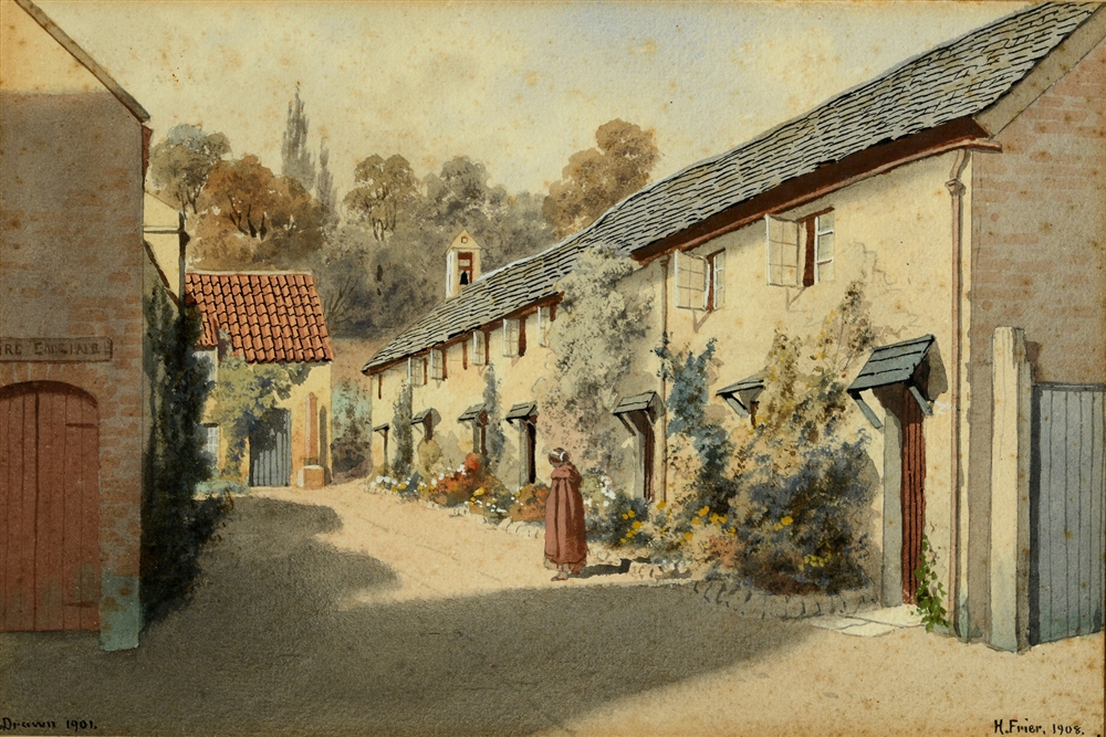 HARRY FRIER (BRITISH, 1849-1921) Almshouses, Minehead, watercolour ...