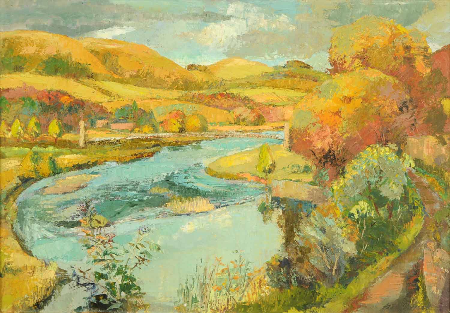 Anne Carrick, oil painting on board, "The Tweed at Melrose". 19.5 ins x ...