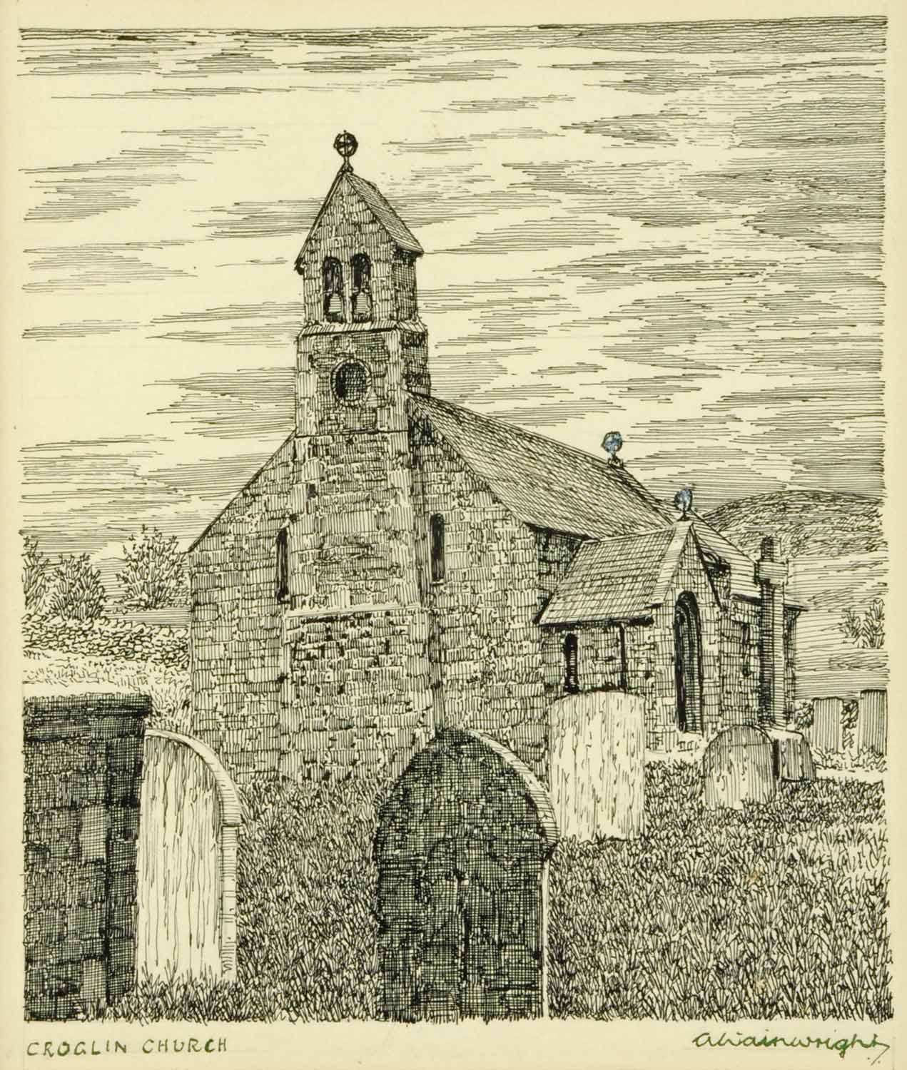 Alfred Wainwright, original pen and ink drawing, "Croglin Church". 7.75 ...