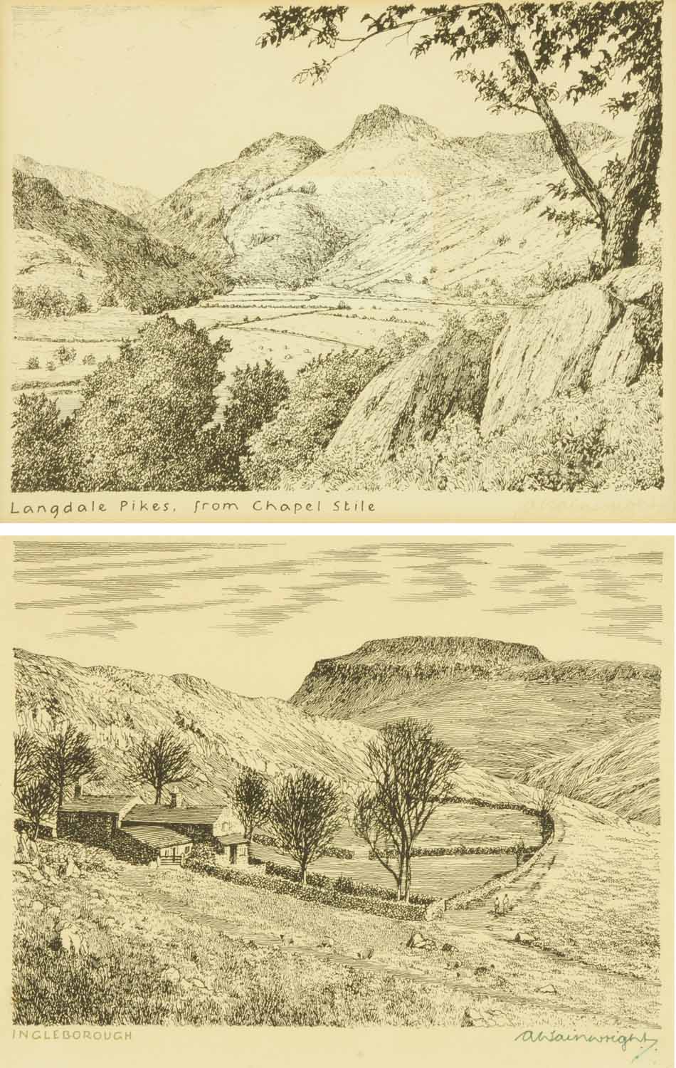Alfred Wainwright, two signed prints, "Langdale Pikes from Chapel Stile ...