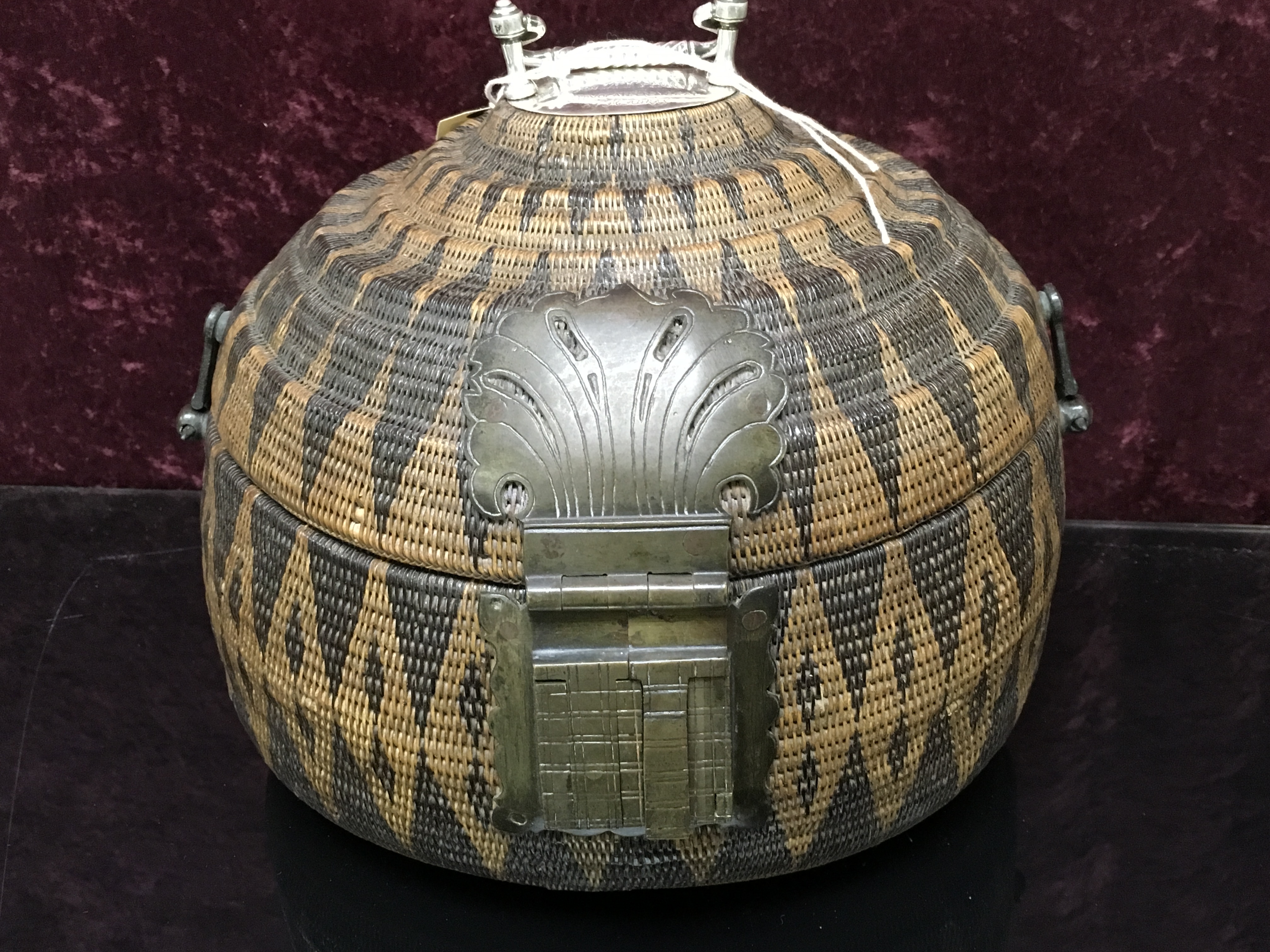 ANTIQUE INDIAN WOVEN SNAKE BASKET WITH DECORATIVE WOVEN PATTERN. TWO ...