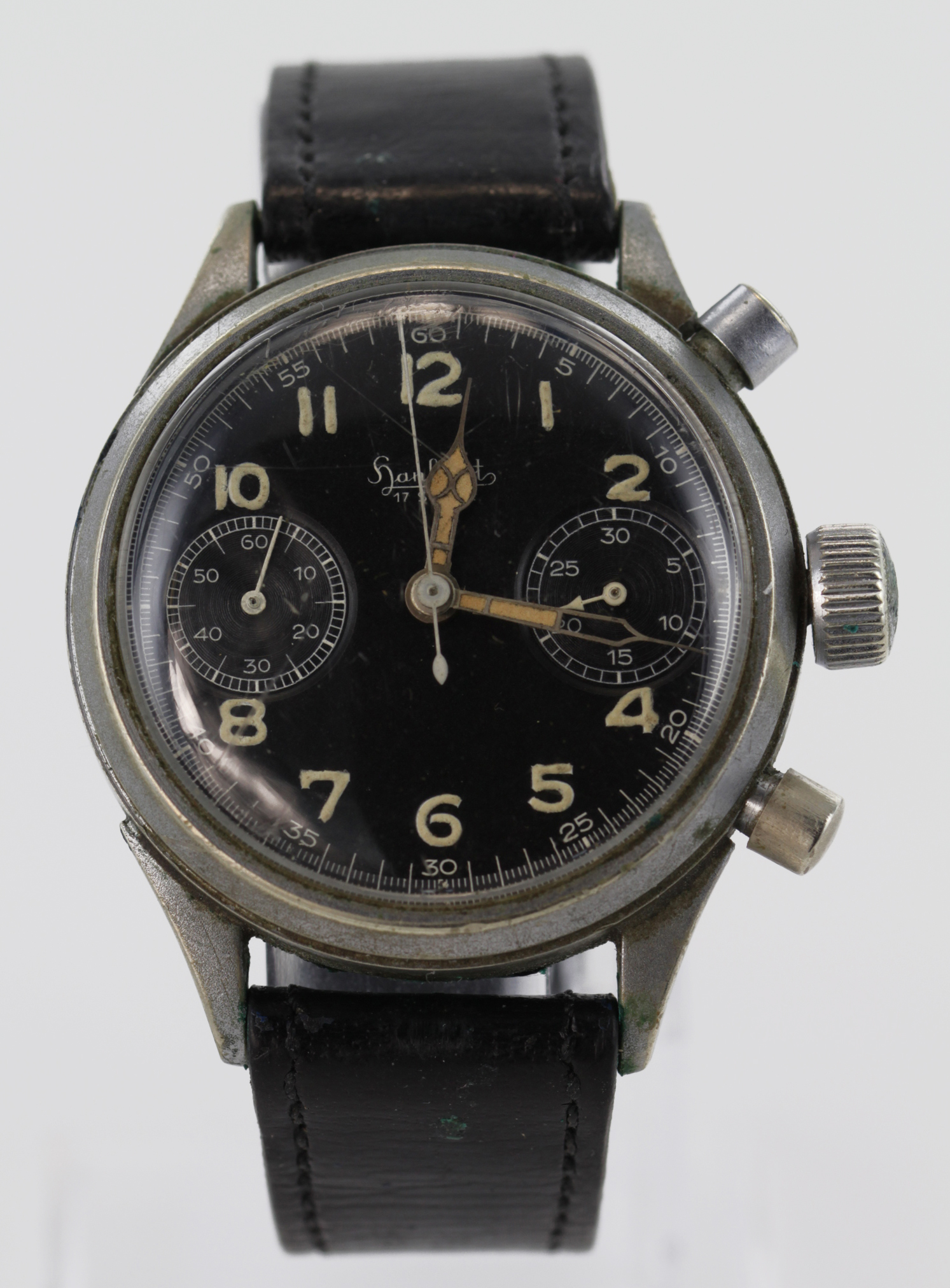 German WW2 pilot`s watch by Hanhart, the black dial with luminous hands ...