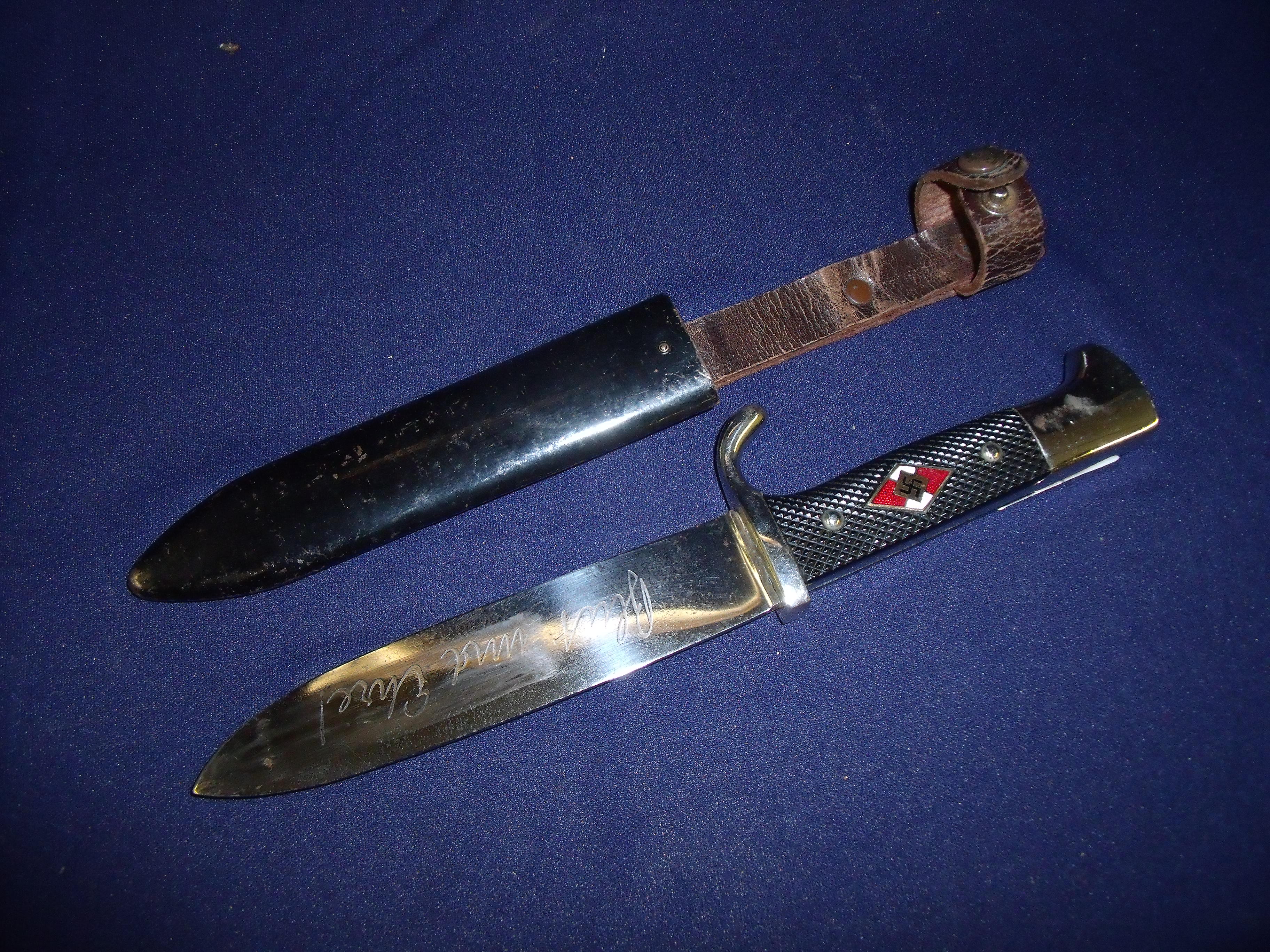 Hitler youths knife with engraved blade, sheath and leather frog