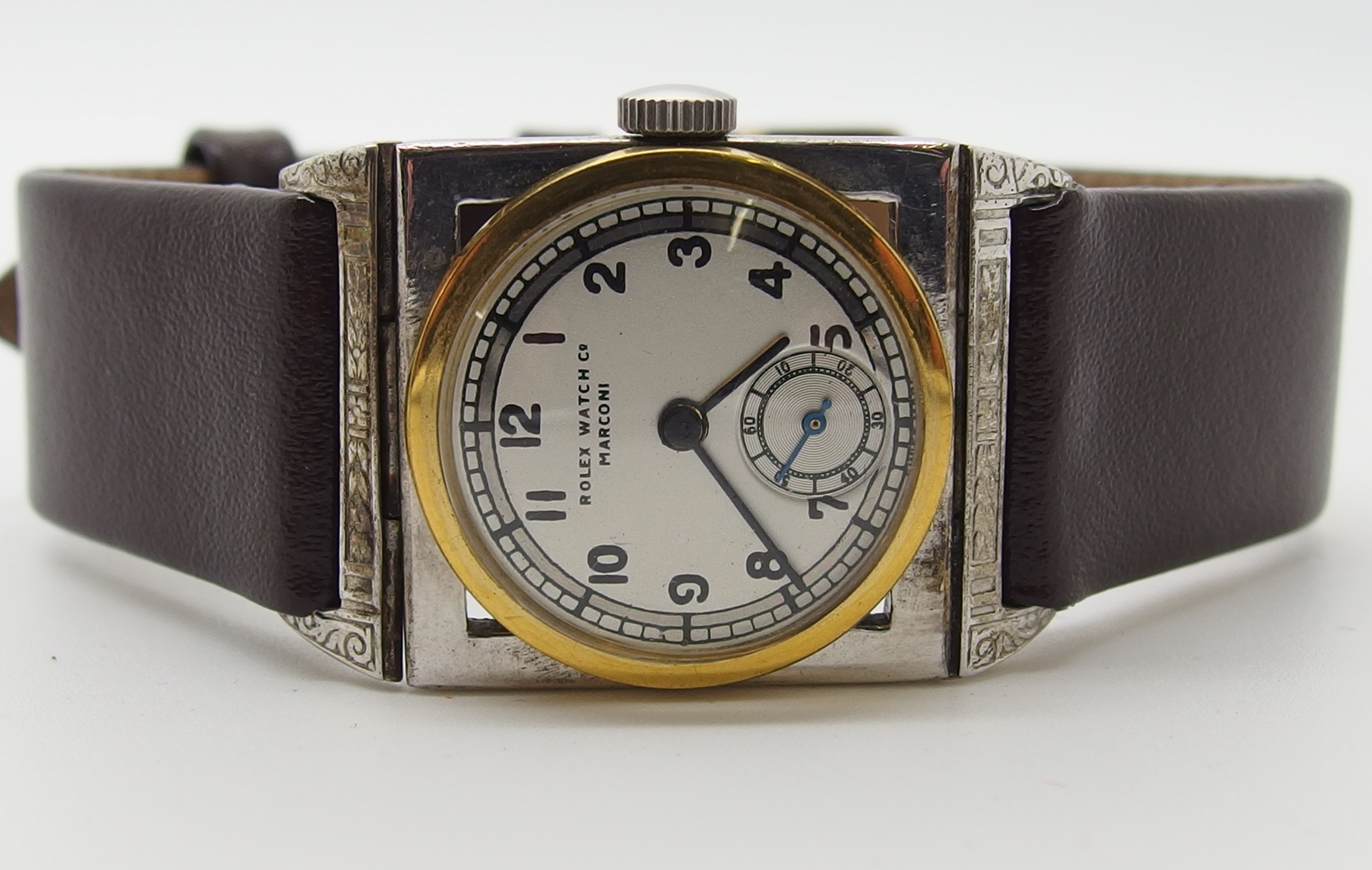 A vintage Rolex 'Marconi' wristwatch with silvered dial, black Arabic ...