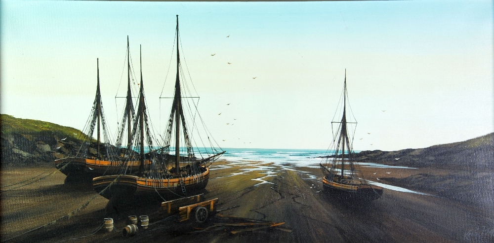 KEVIN PLATT (b.1945) OIL PAINTING Harbour 18" x 36" (45.7cm x 91.4cm)