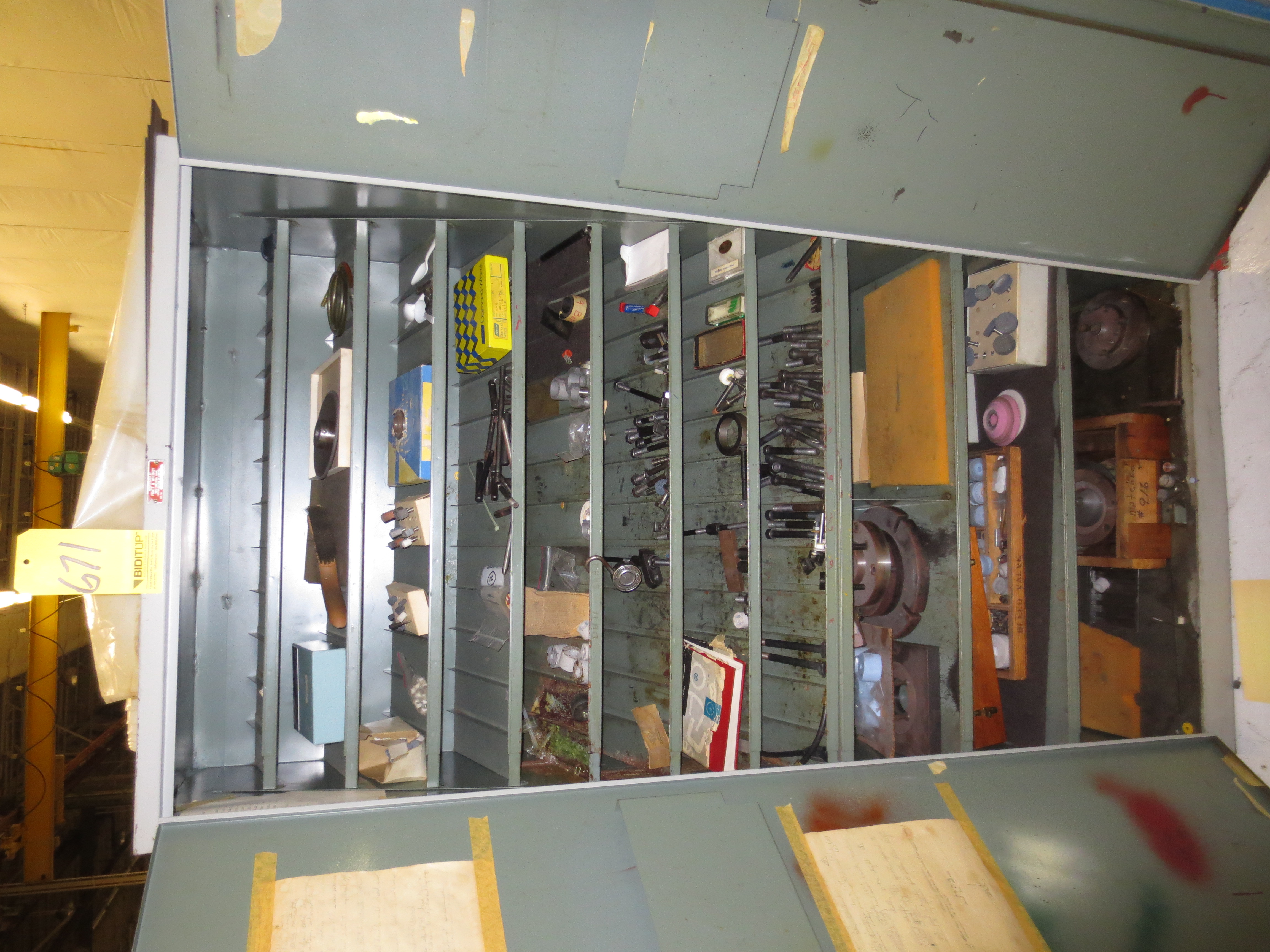 Storage Cabinet w/ Grinding Wheels, Bolts, Hardware and Work Bench