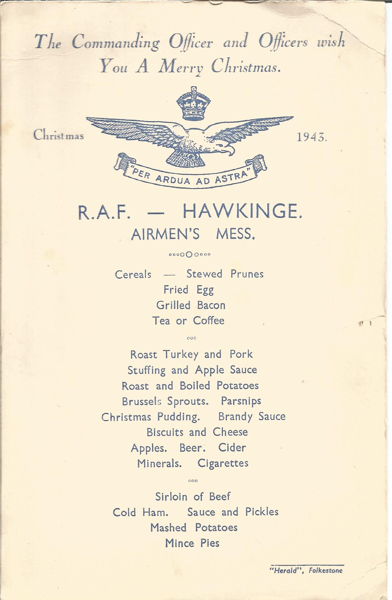 WW2 RAF Hawkinge 1943 Aimens Mess Christmas Dinner Menu. Good Condition ...