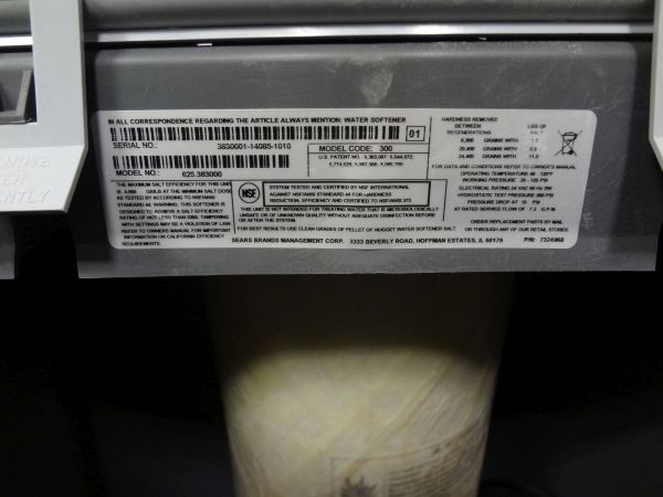 KENMORE MODEL 625.383000 WATER SOFTENER; S/N 383001-14085-1010