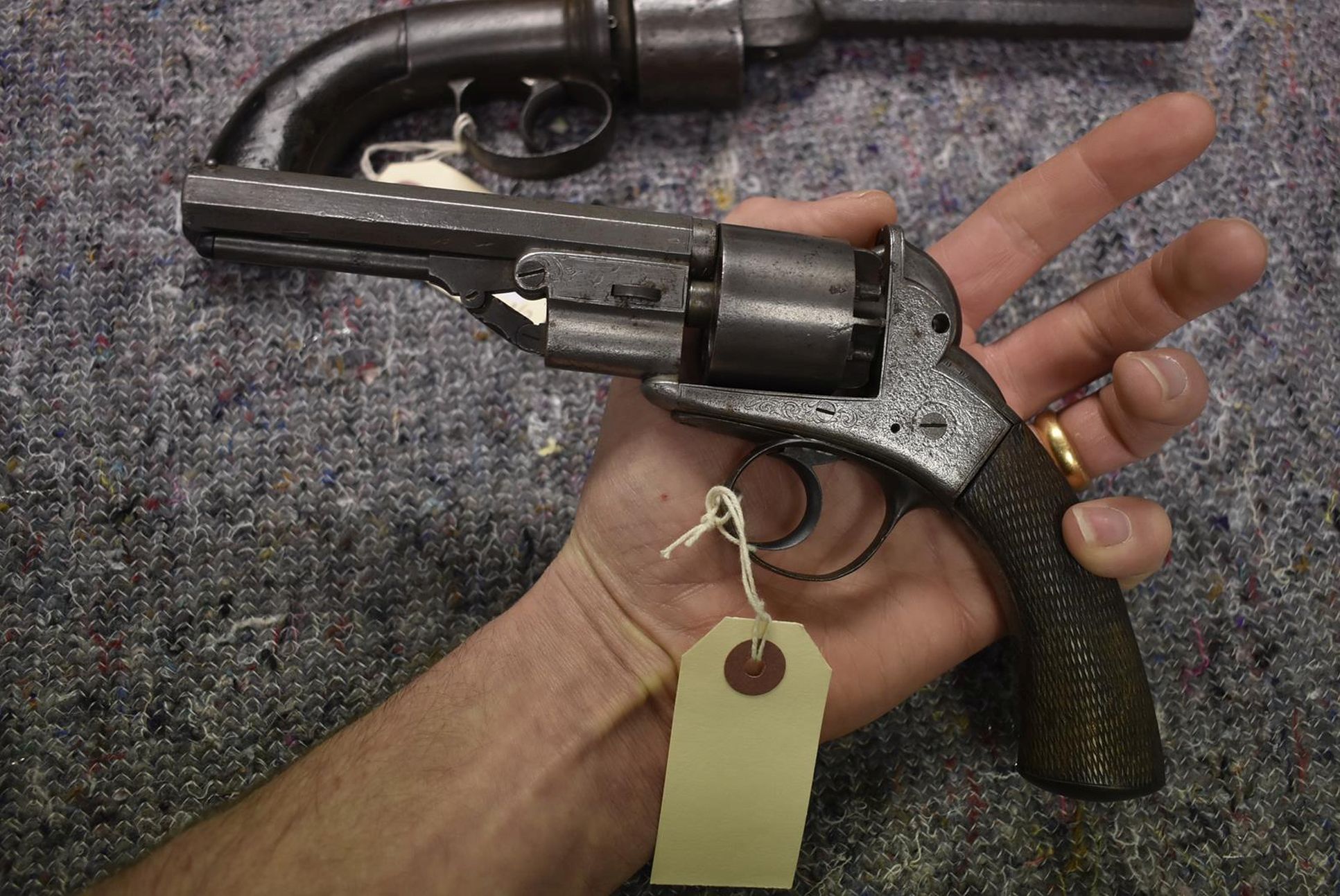 AN 80-BORE SIX SHOT PERCUSSION OPEN FRAME REVOLVER OF DAW TYPE, 4 ...