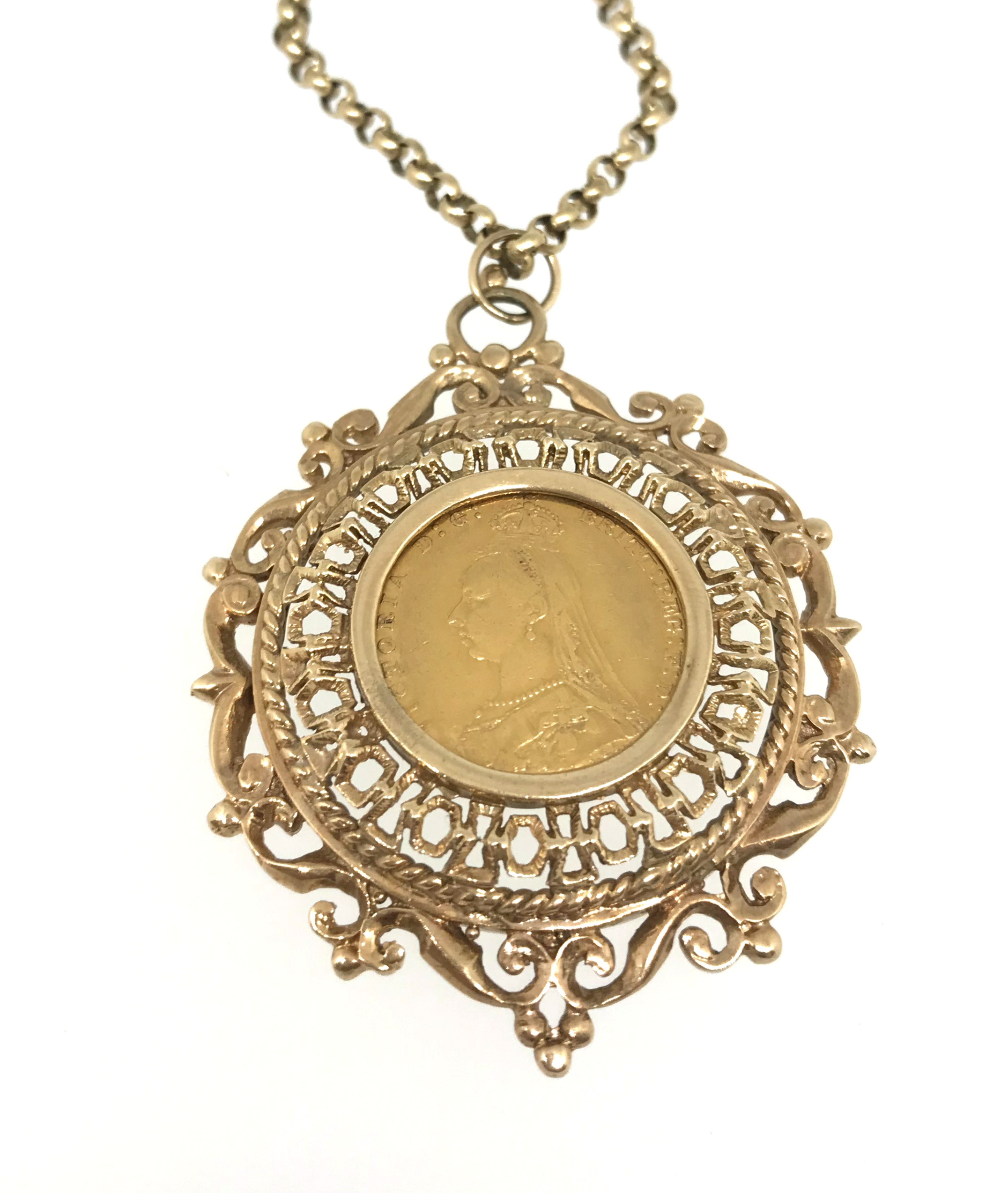 A full gold sovereign pendant chain set with Victoria 1891 sovereign ...
