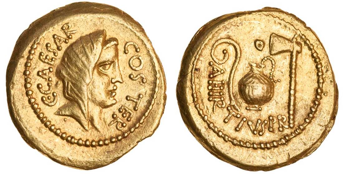 Julius Caesar, AV Aureus, 8.01g, Aulus Hirtius praefectus urbi, Rome ...