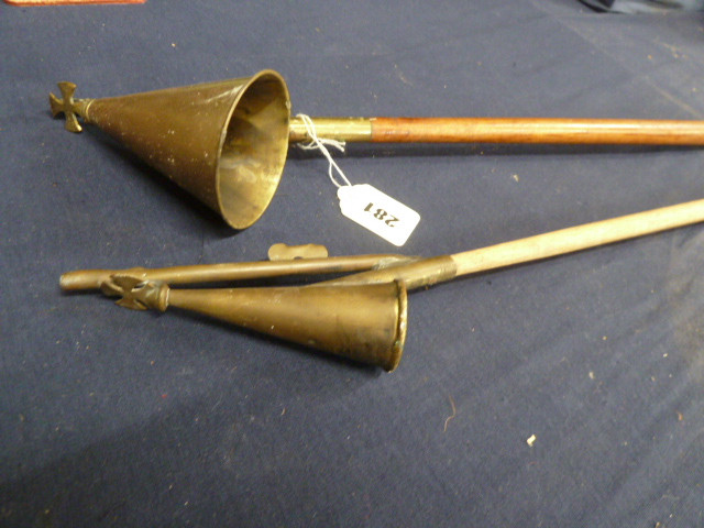 Wooden handled brass church candle snuffers (2)