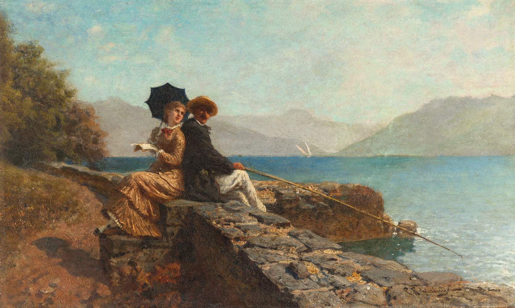 CARL SCHLESINGER 1825 Lausanne - Düsseldorf 1893 Liebespaar beim Angeln ...