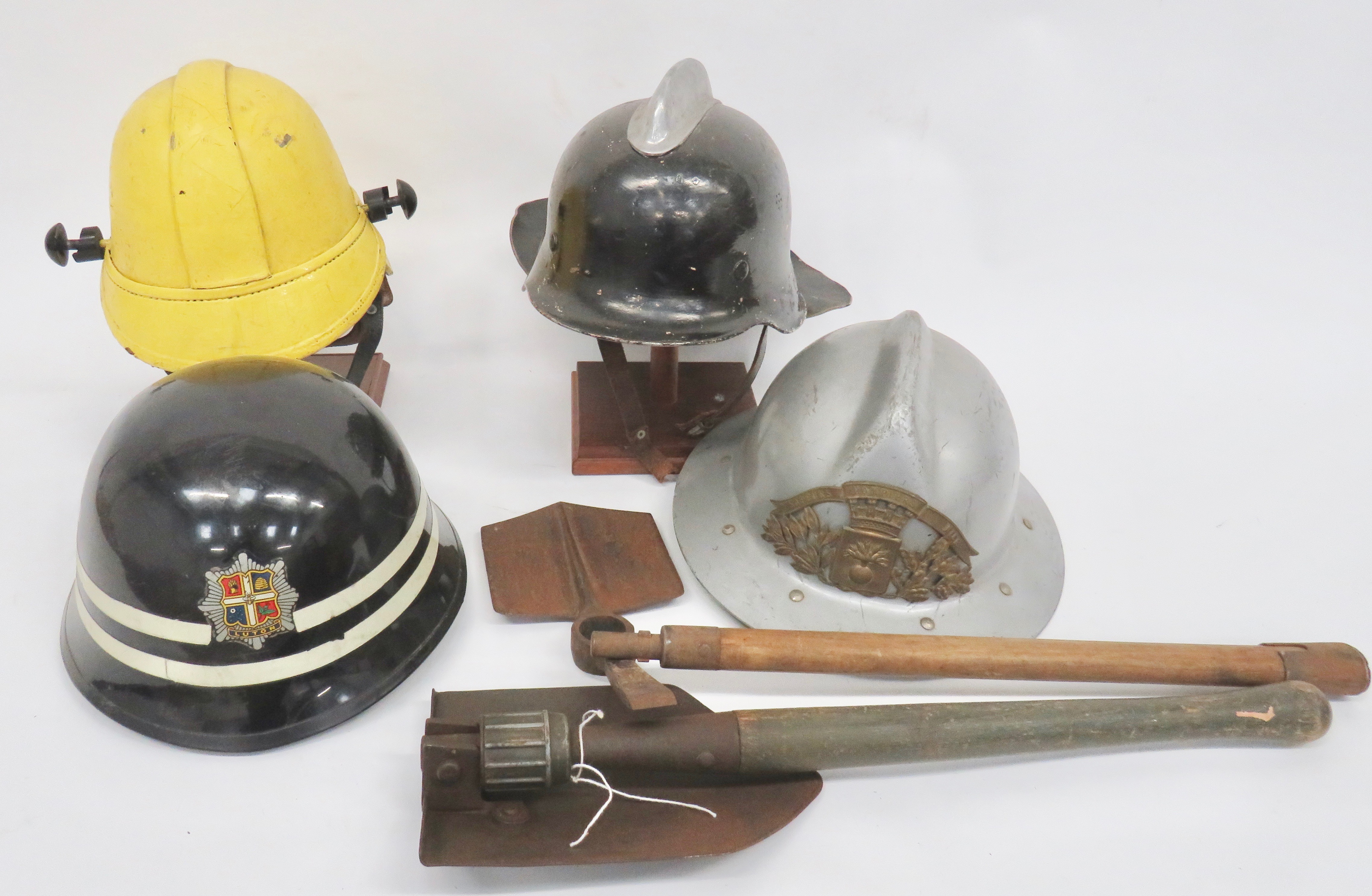 Two Fire Brigade Helmets consisting French post WW2 silver fibre high ...