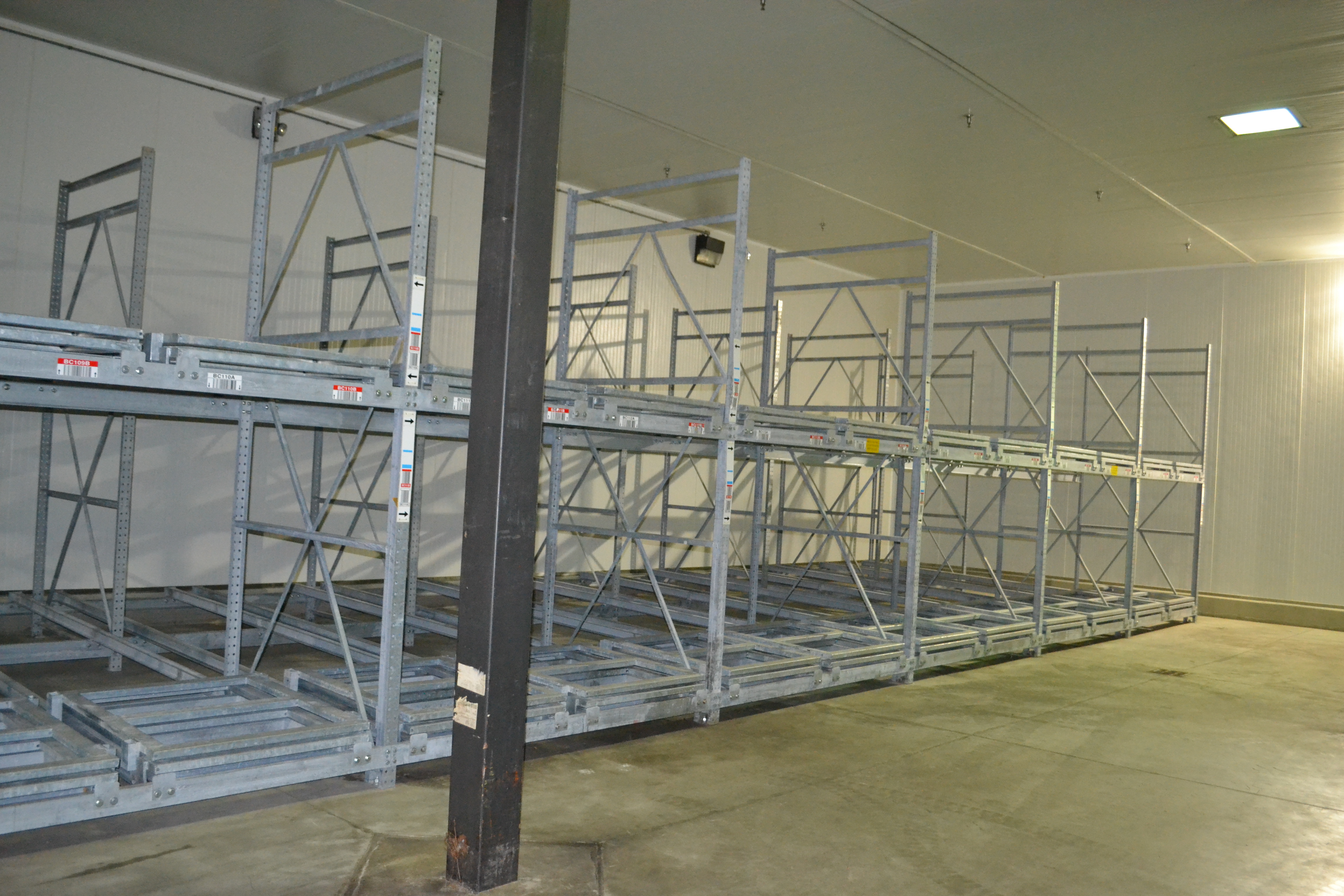 Freezer Room Racking, sloped rails with roller platforms, 19 bays x 2 ...