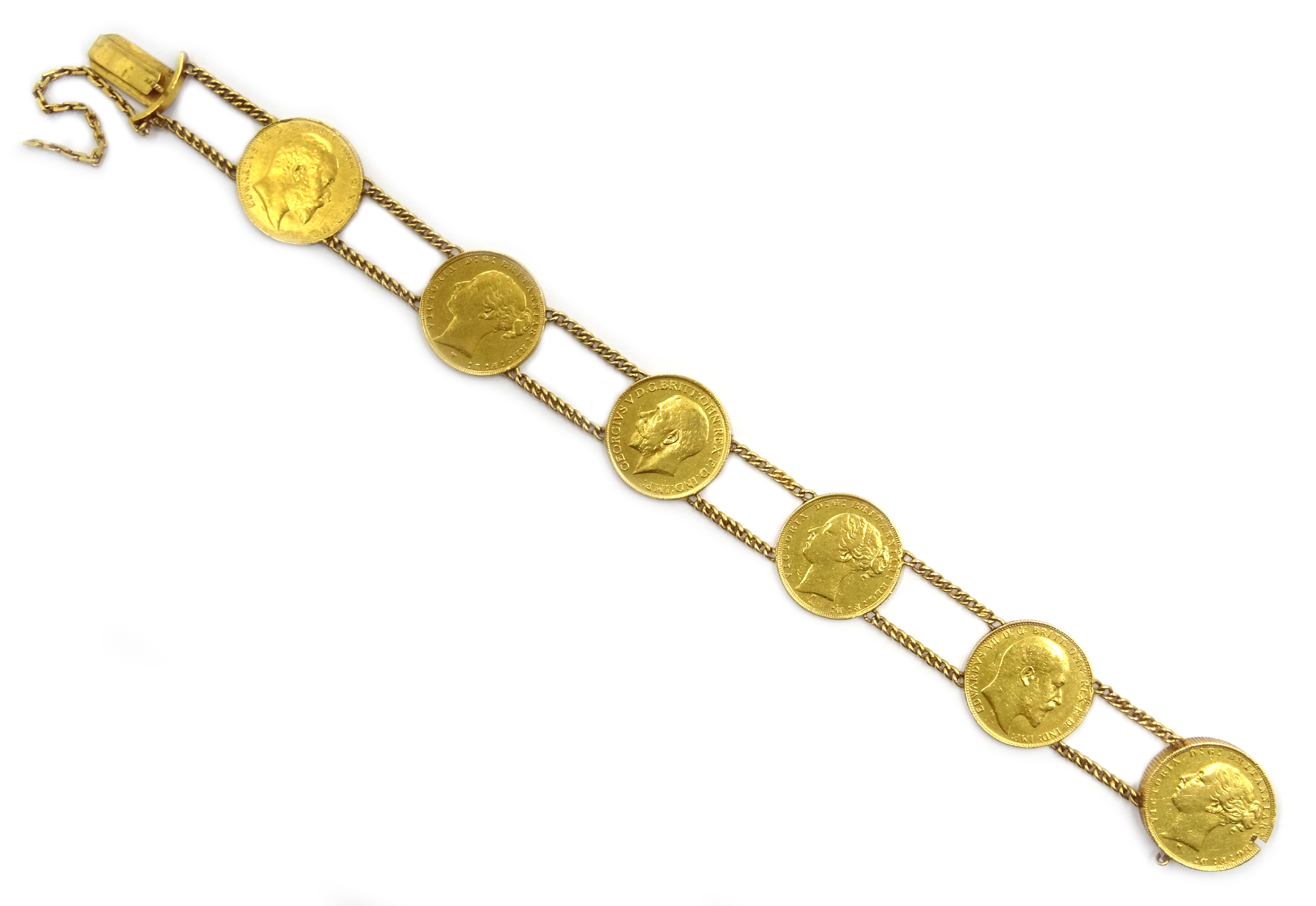 Six gold full sovereign bracelet, with 18ct gold (tested) interlinks ...