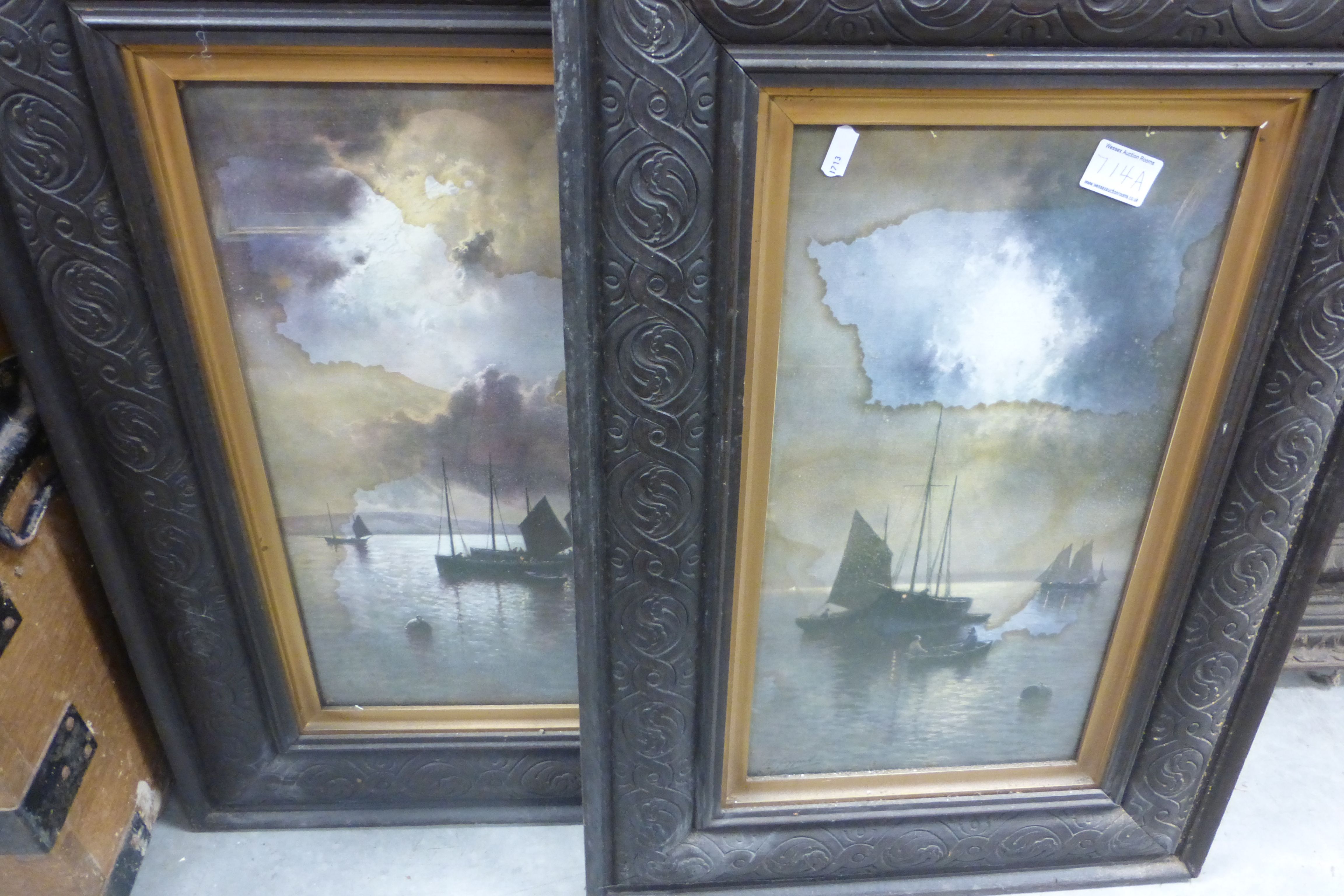 Pair of Heavy Oak Framed J W Gozzard Prints of Sailing Boats