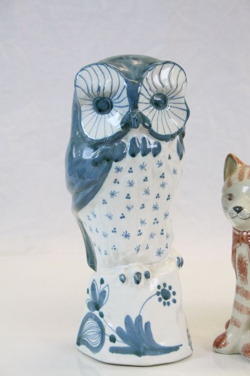 David Sharpe Rye Pottery Owl and Rye Pottery cat with sponged decoration