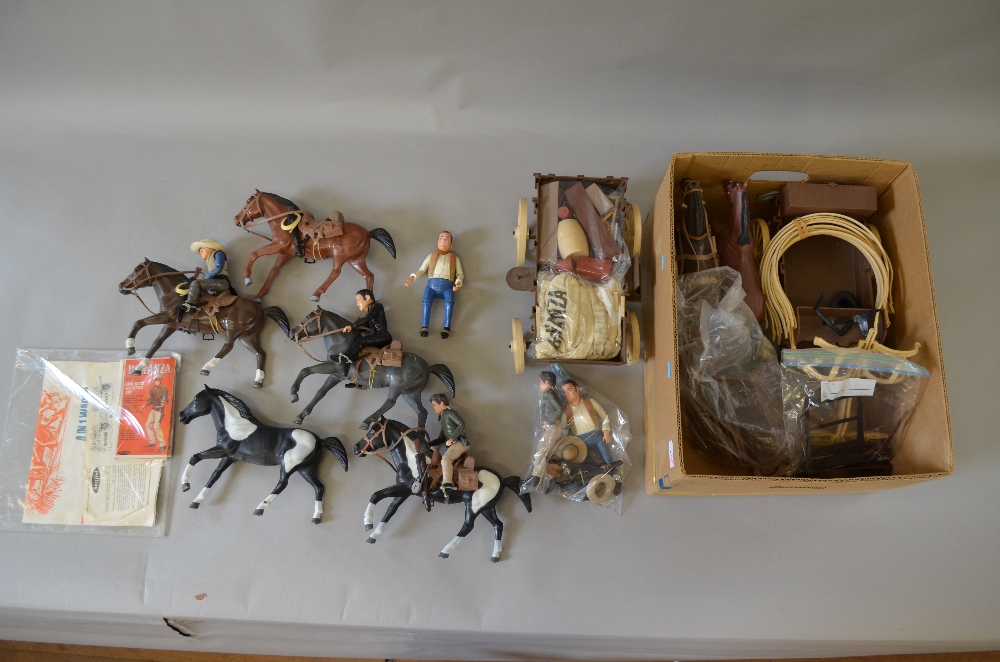 Good quantity of unboxed Palitoy Bonanza toys including Wagons, Horses ...