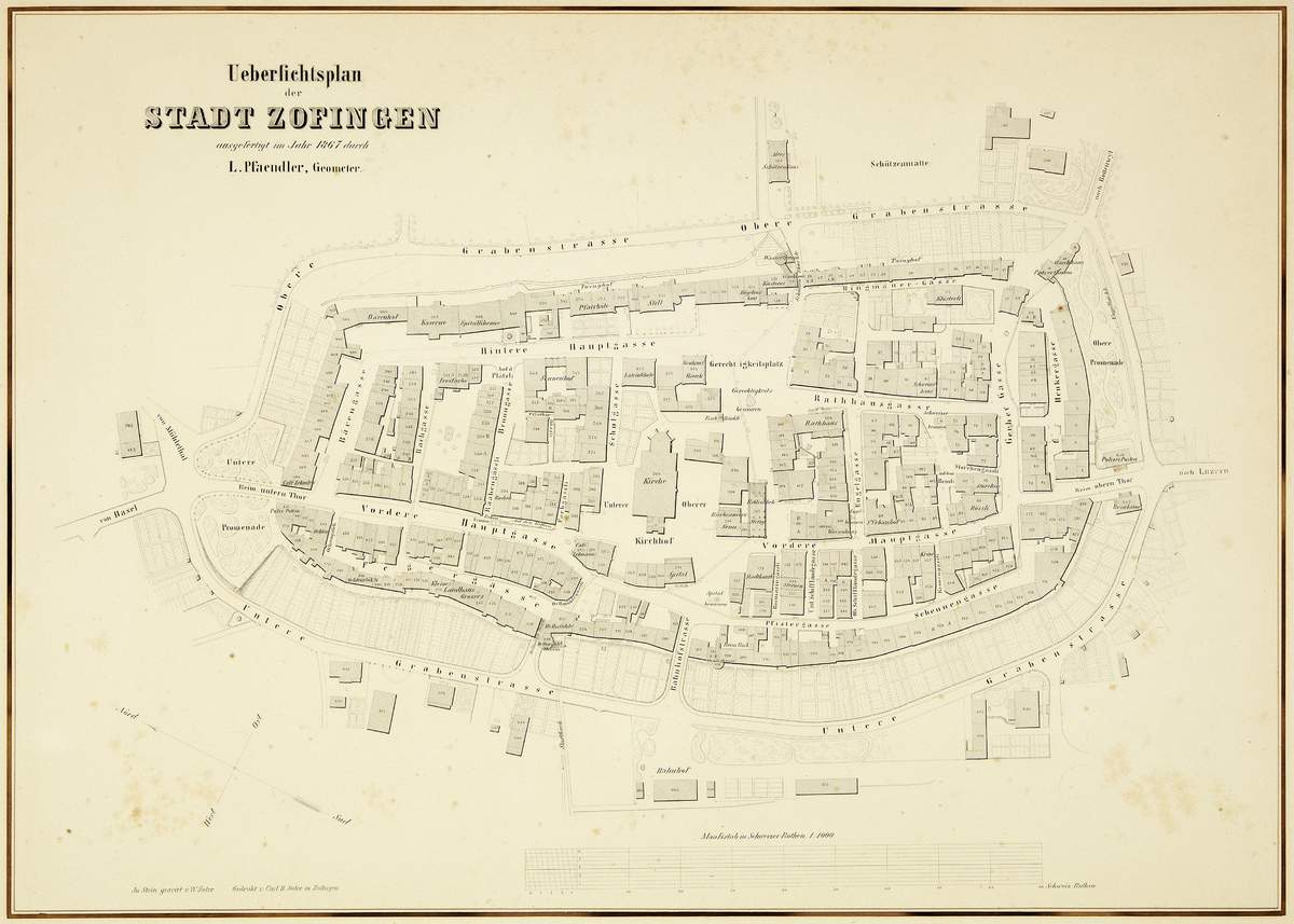Stadtplan Zofingen 1867. Federstrich-Lithografie von W. Suter, gedruckt ...
