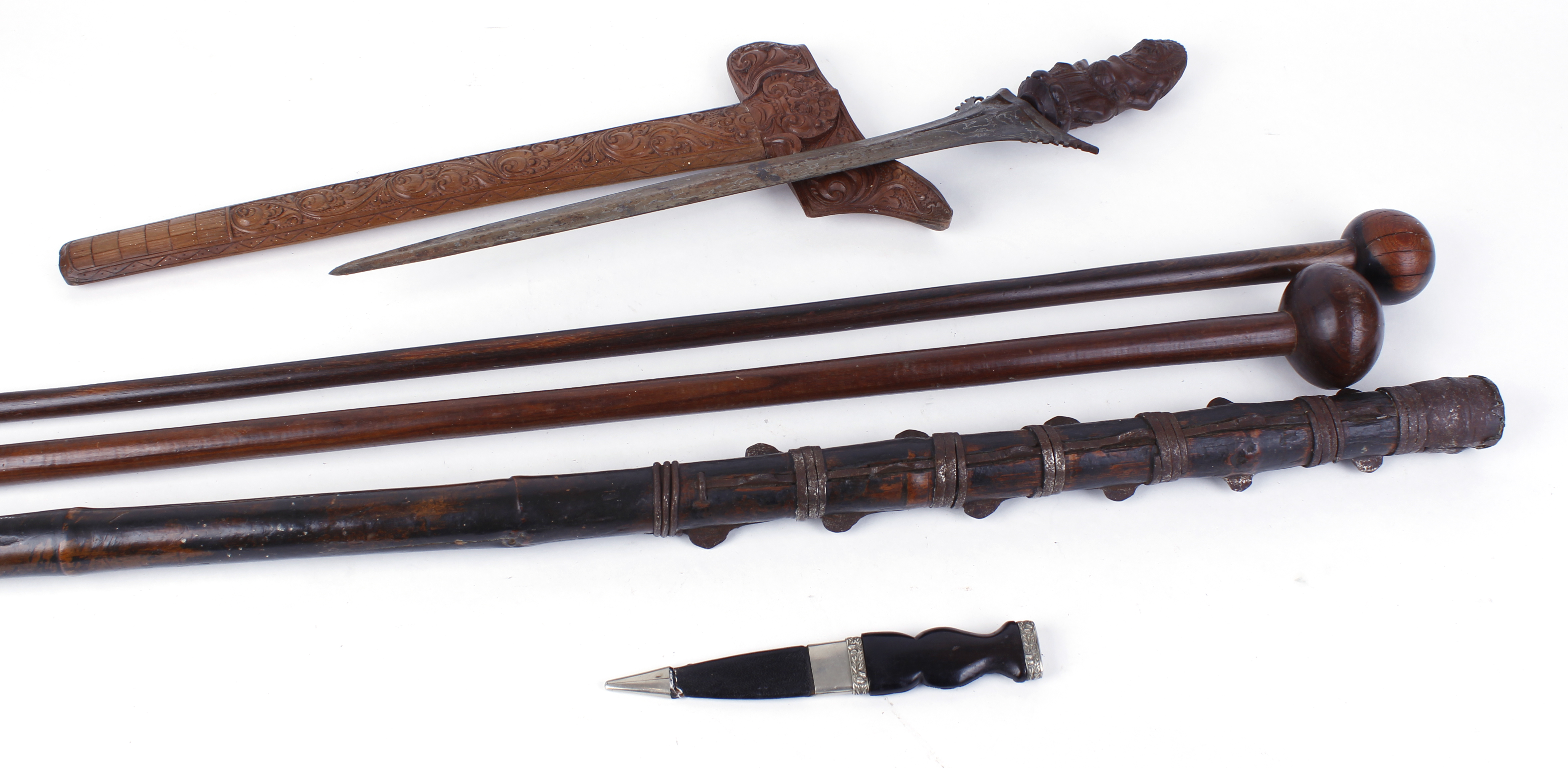 African Mace, steel banded decoration, 58 ins overall; Two African ...