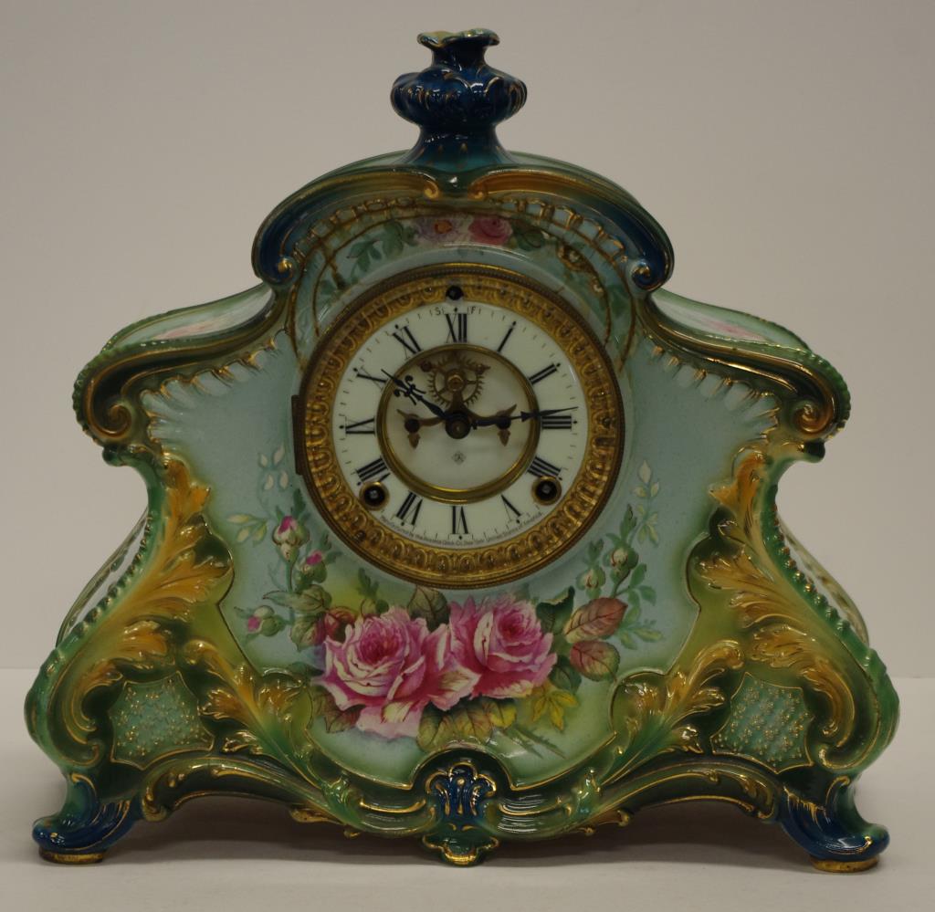 Royal Bonn German porcelain mantle clock floral decoration to dial with ...