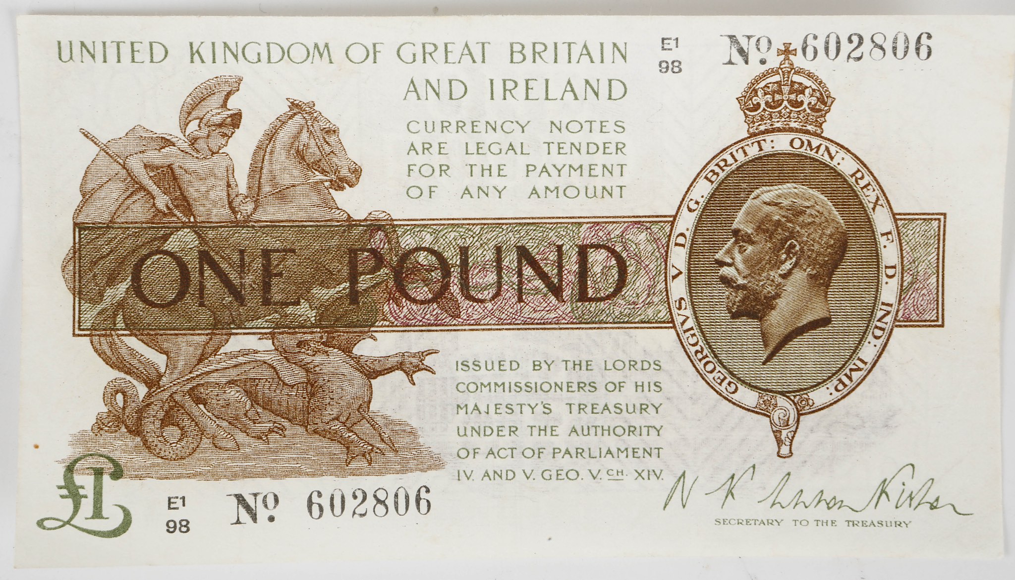A George V one pound note Sept. 1919, cashier N.R. Warron Fisher ...