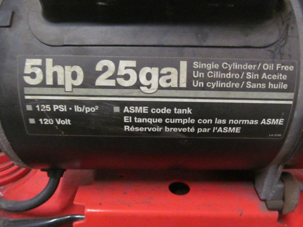 DEVILBISS PRO AIR II 5 HP, 25 GALLON AIR COMPRESSOR, ELECTRICS: 120V ...